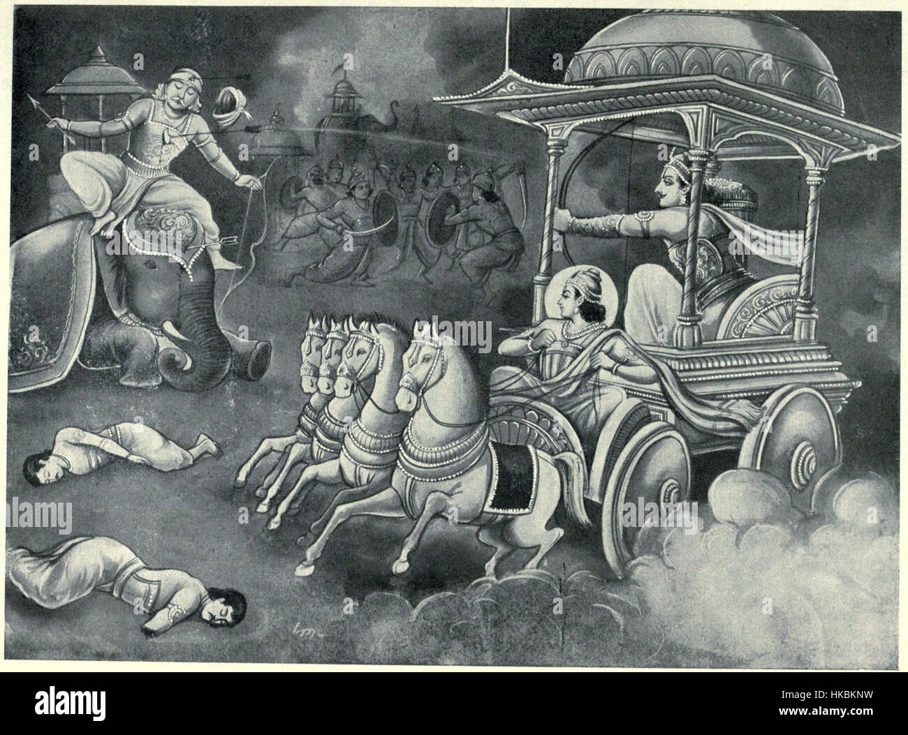 This artwork depicts the legendary battle from the Mahabharata, where ...