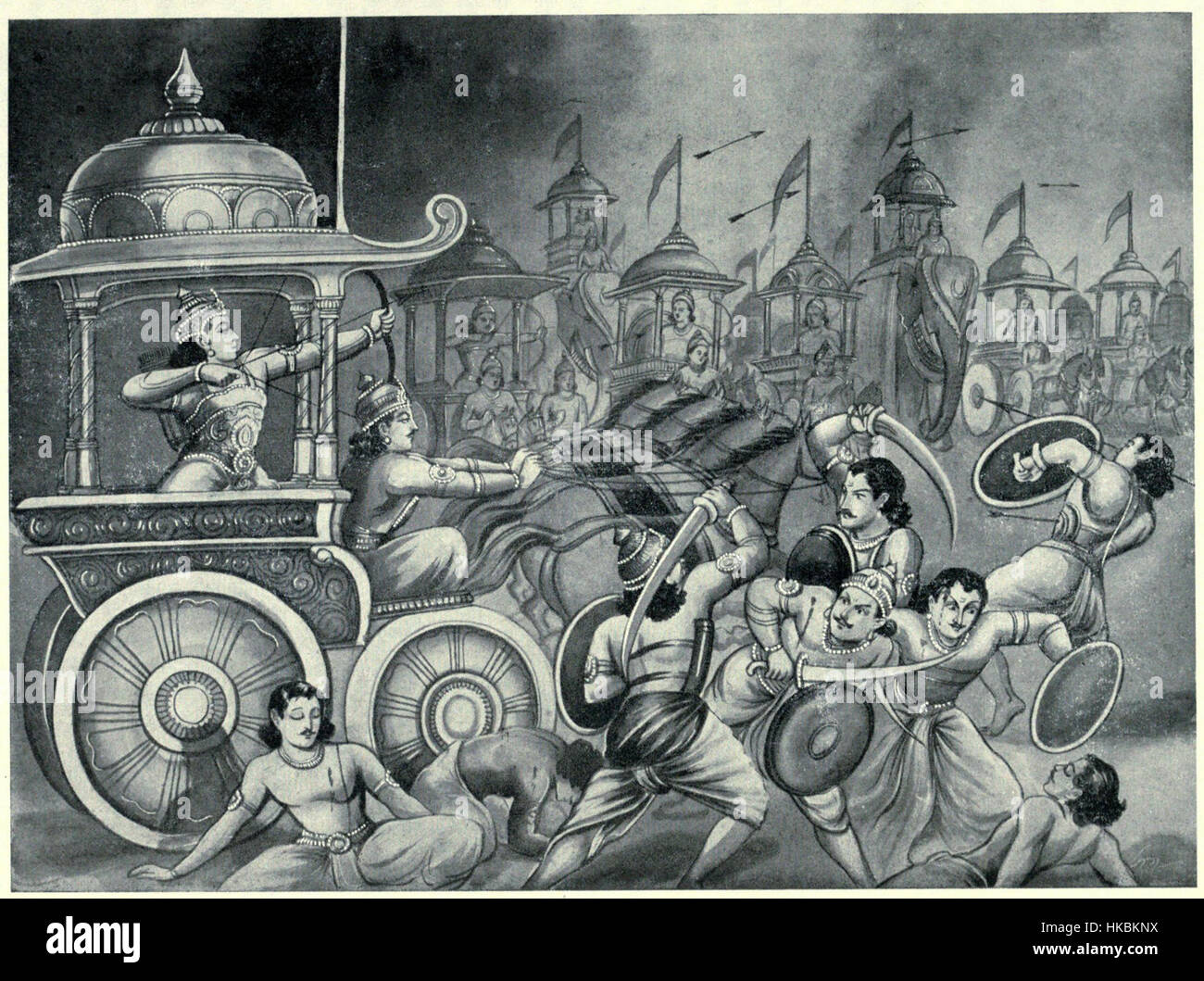 This painting portrays the legendary battle scene from the Mahabharata ...
