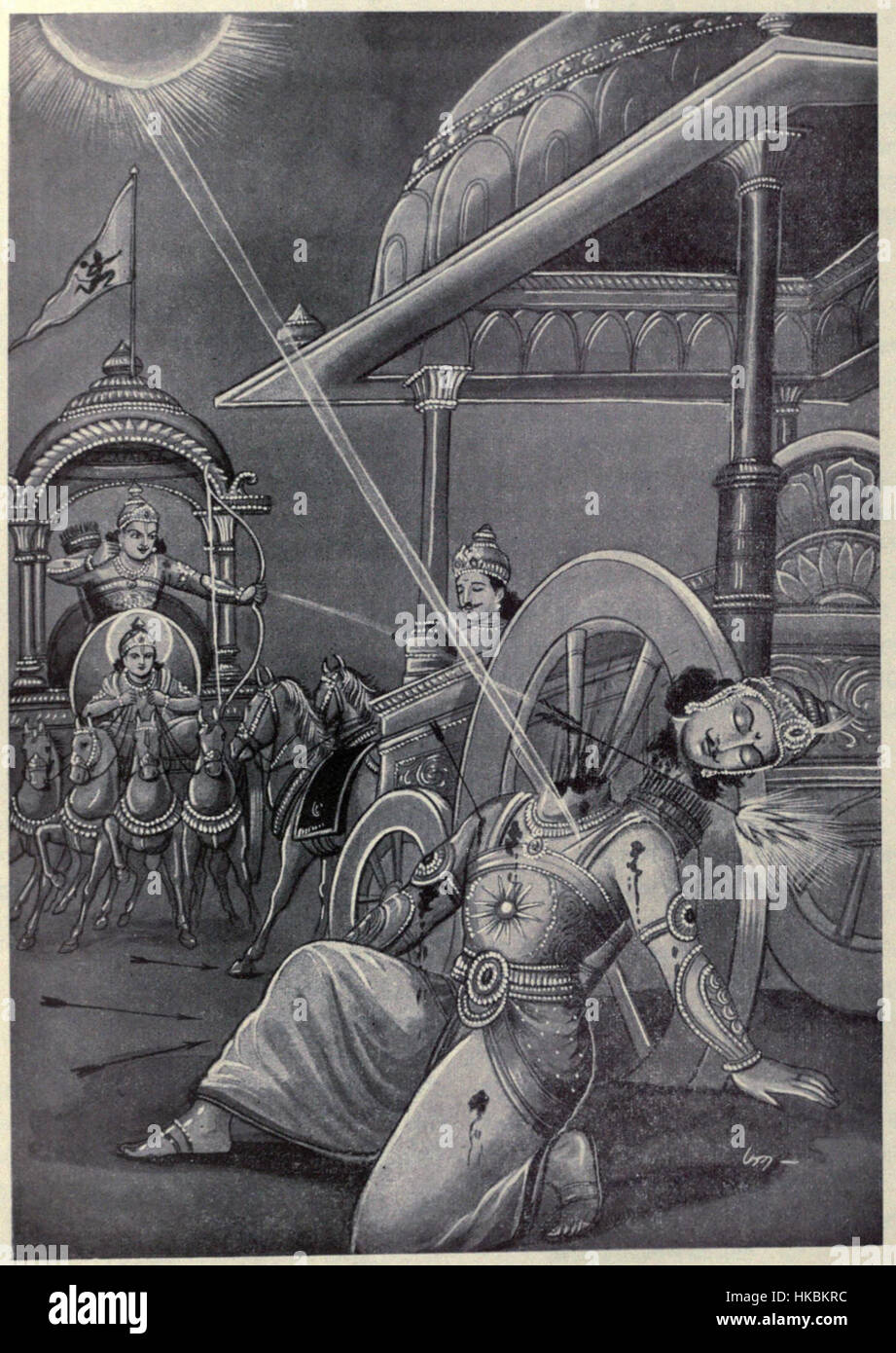 This artwork depicts the climactic moment from the Mahabharata, where ...