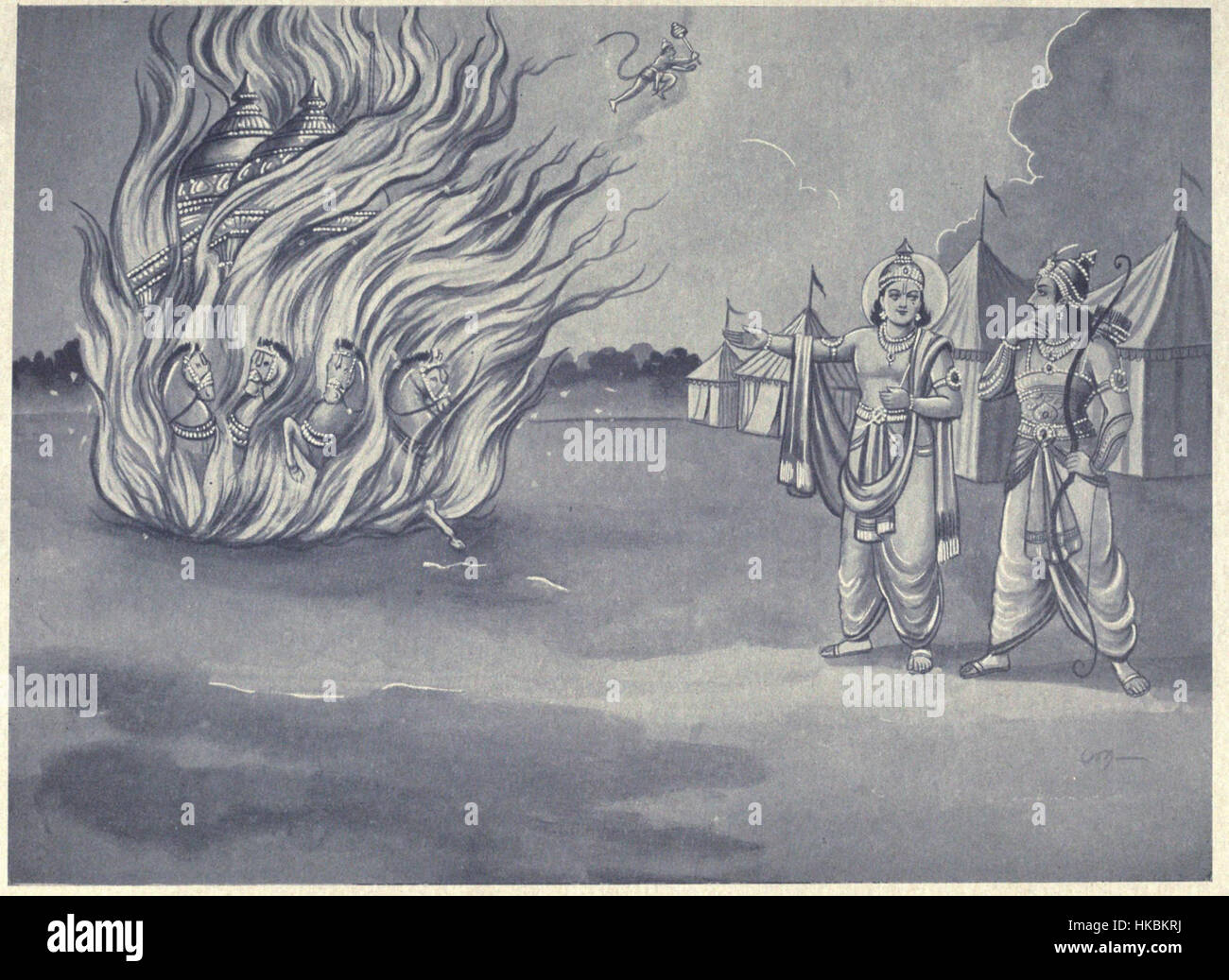 This painting depicts the dramatic moment when Arjuna’s chariot burns ...