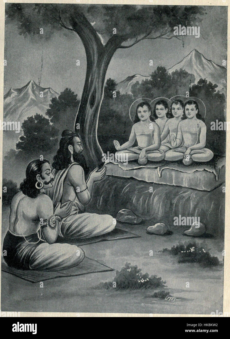 This artwork illustrates a scene from Hindu mythology, where Sanaka and ...