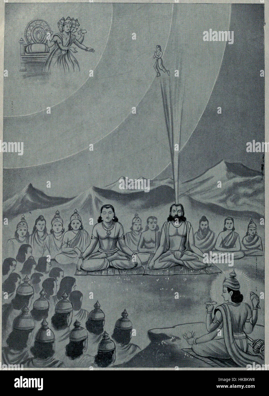 This artwork depicts a spiritual scene of Brahmins and King Ikshwaku ...