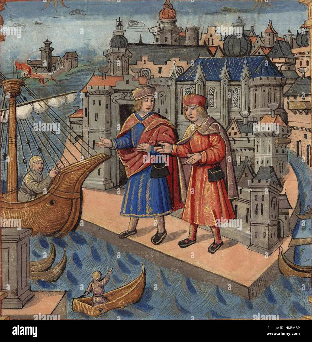 This painting represents a scene of trade in a busy seaport ...