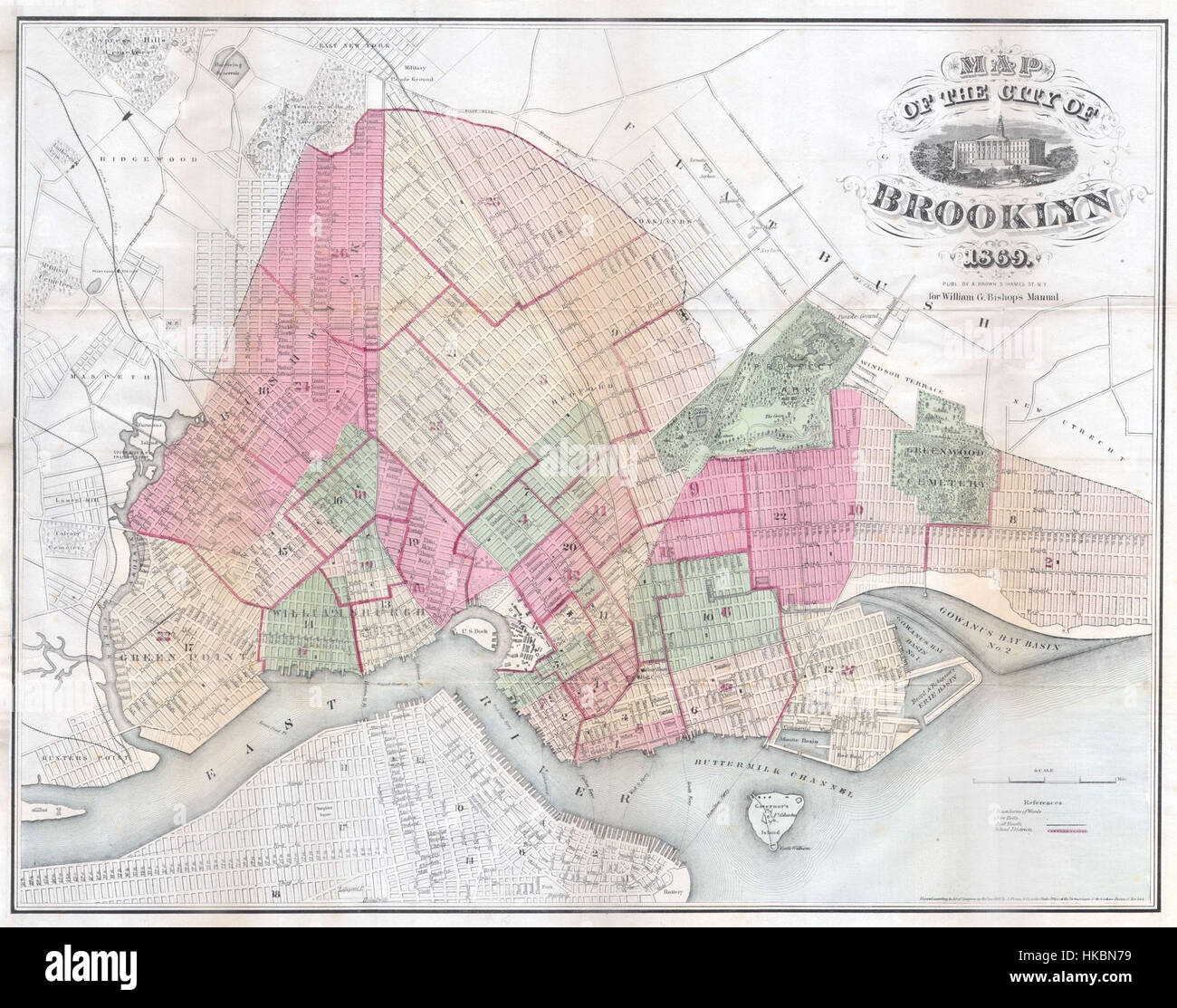 This 1869 Bishop Map of Brooklyn, New York, offers a detailed ...