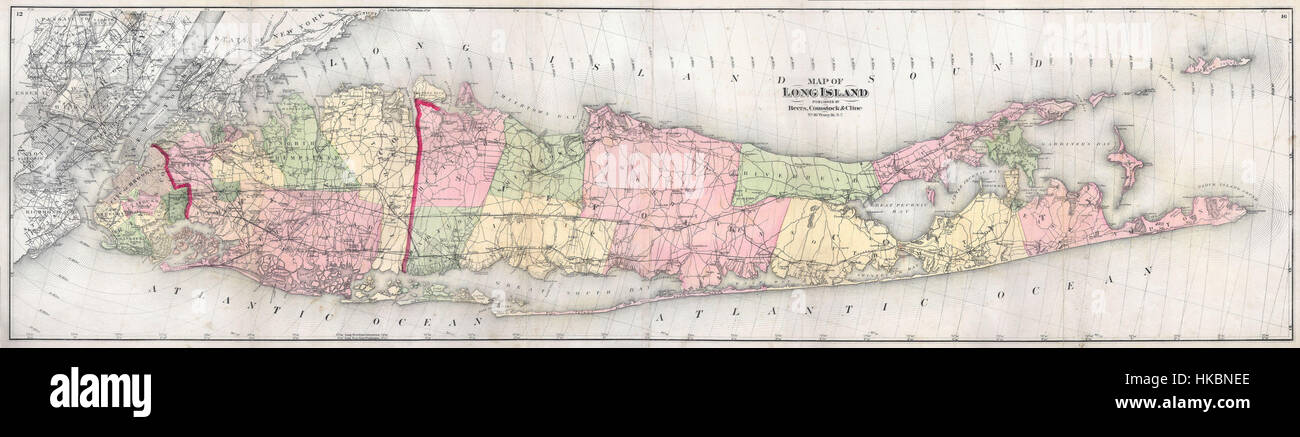 This 1873 map by Beers depicts Long Island, New York, showing its ...