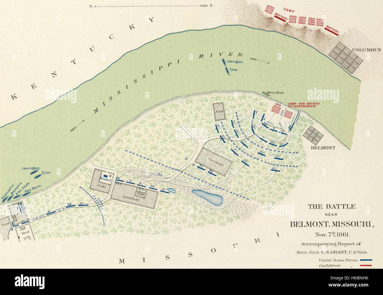 This historical map illustrates the Battle of Belmont, a significant ...