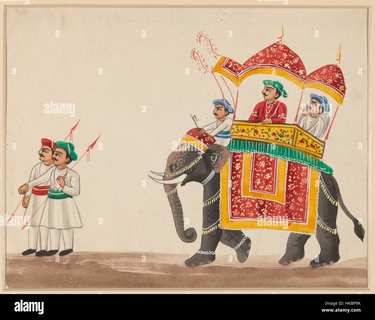 This artwork portrays an elephant carrying a double canopied howdah, a ...