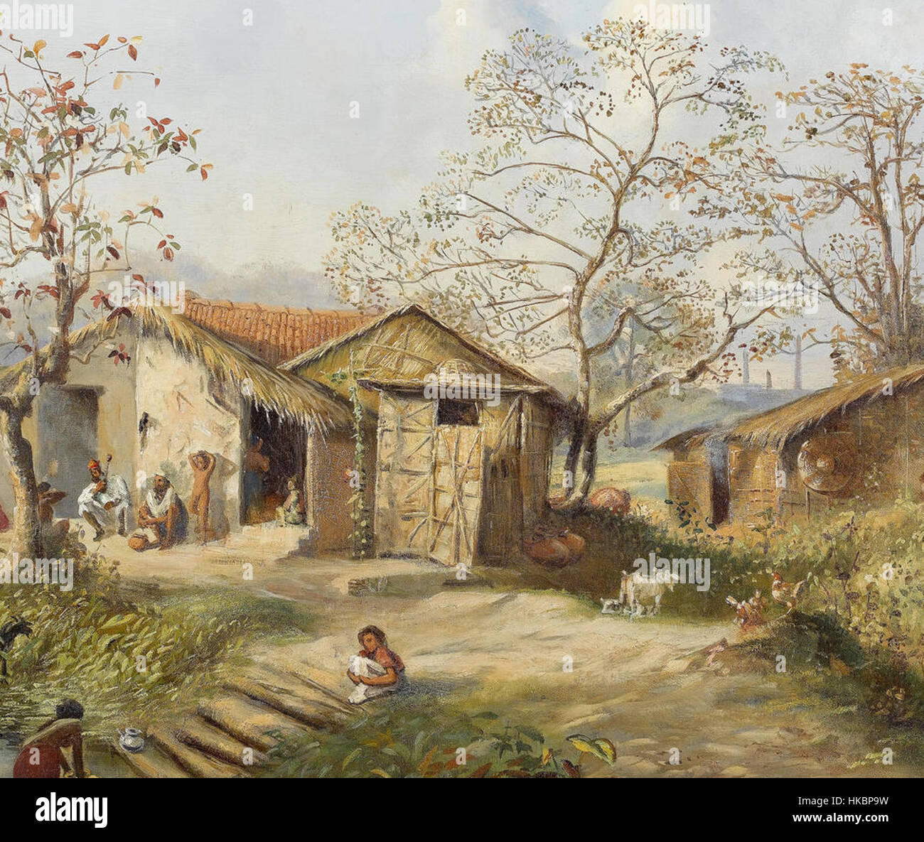 This artwork depicts a traditional Indian village, capturing the rural ...