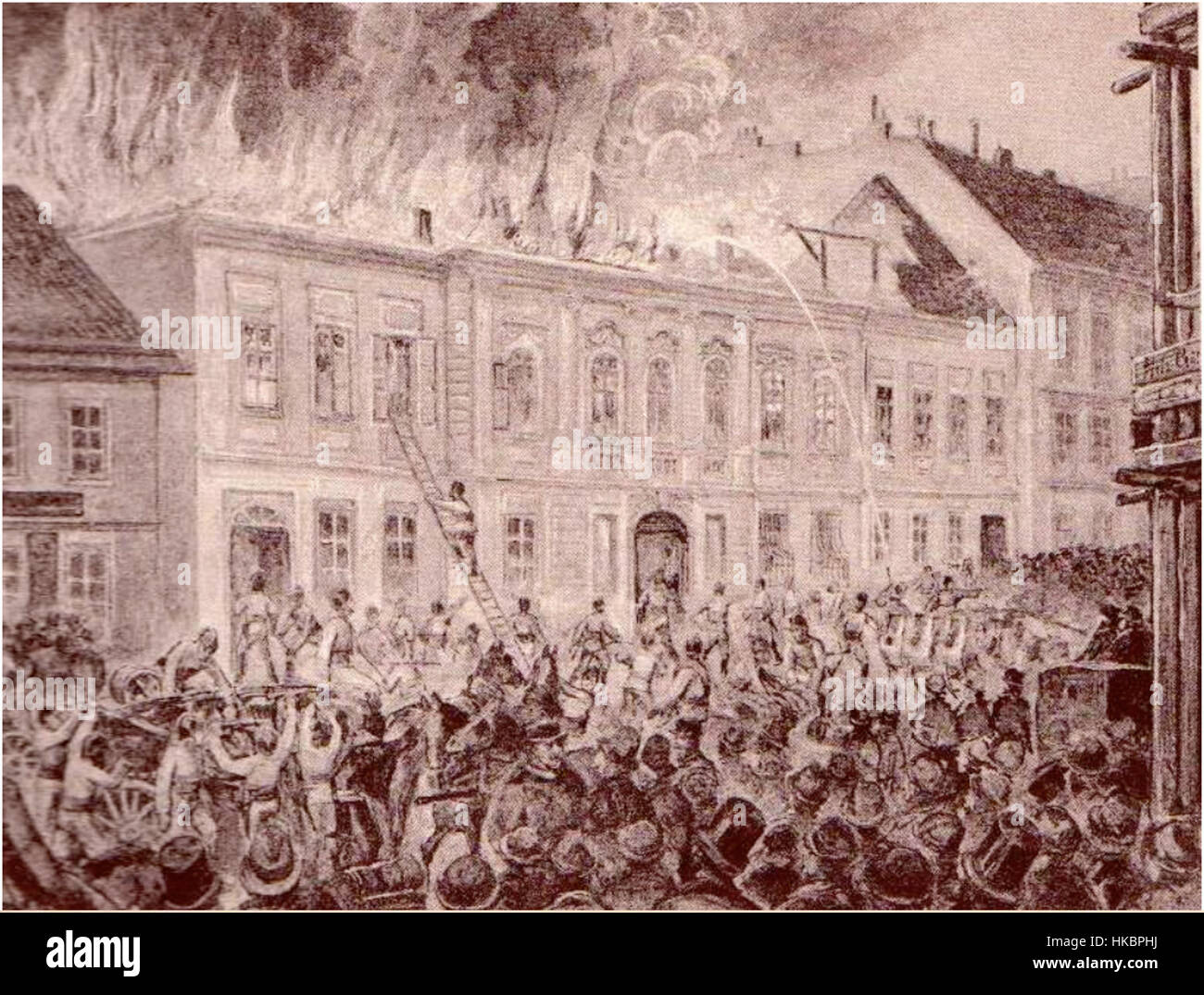 This artwork depicts the Apollo fire in Vienna, a significant ...