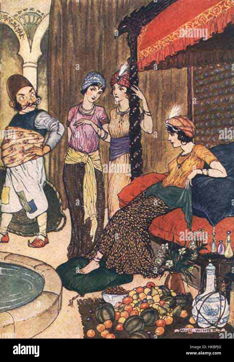 This illustration from *Arabian Nights* depicts a scene from the famous ...