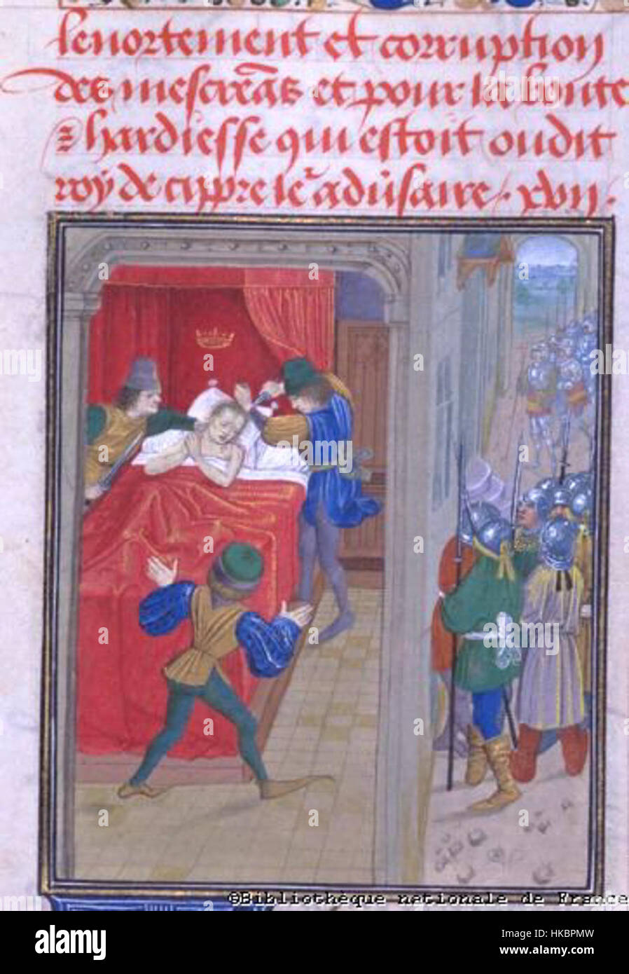 The artwork depicts the assassination of Pierre de Lusignan, King of ...