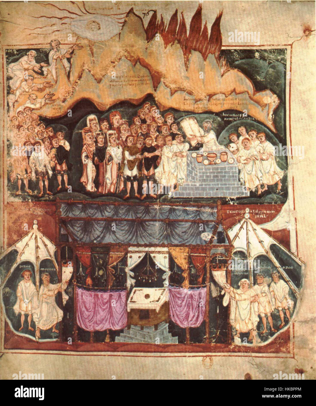 This historical manuscript detail shows Moses receiving the Ten ...