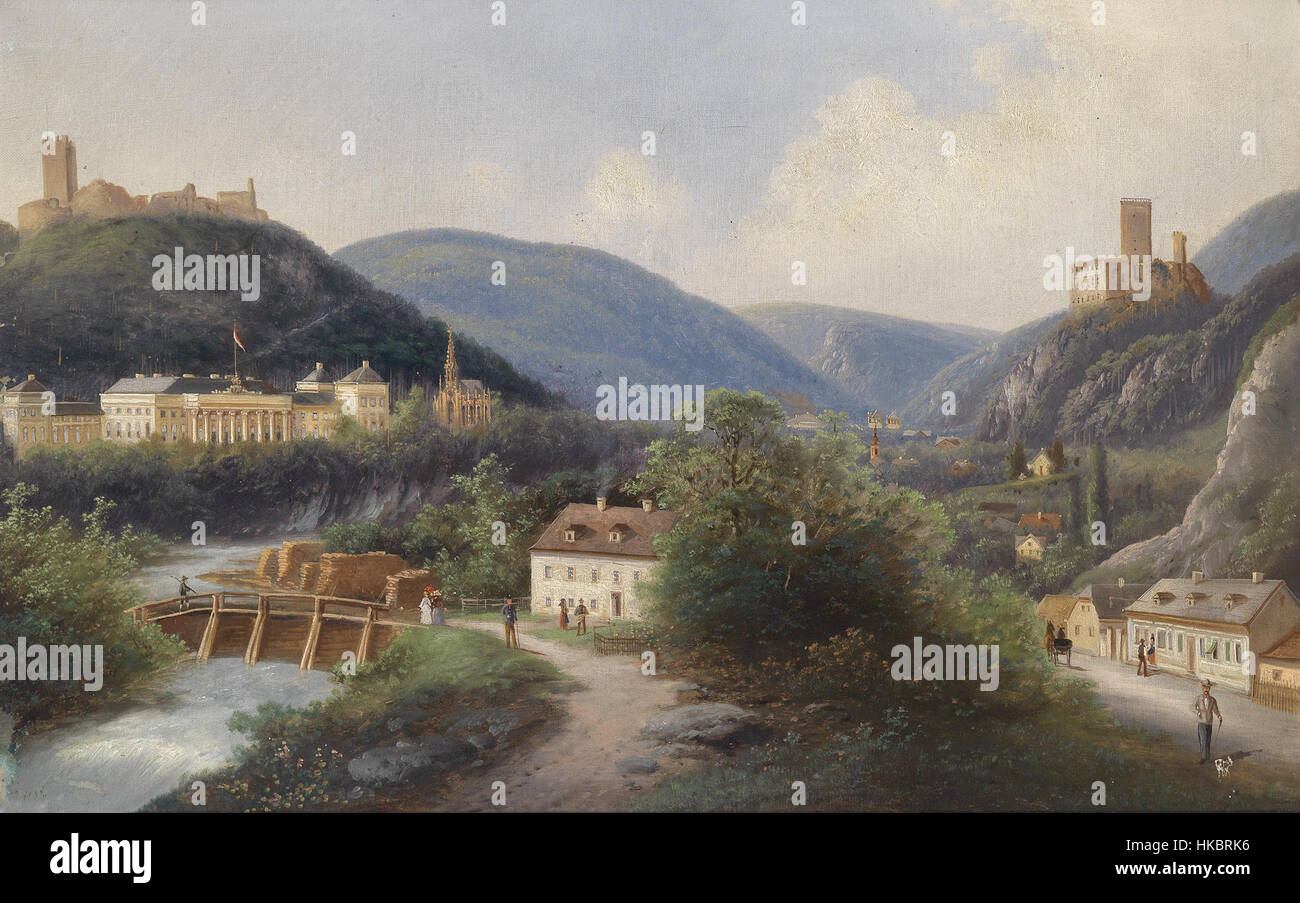 A painting from 1885 depicting a scenic view of Weilburg, Germany. The ...