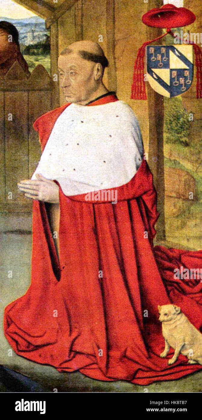 This portrait of Cardinal Jean Rolin depicts him in a formal pose ...