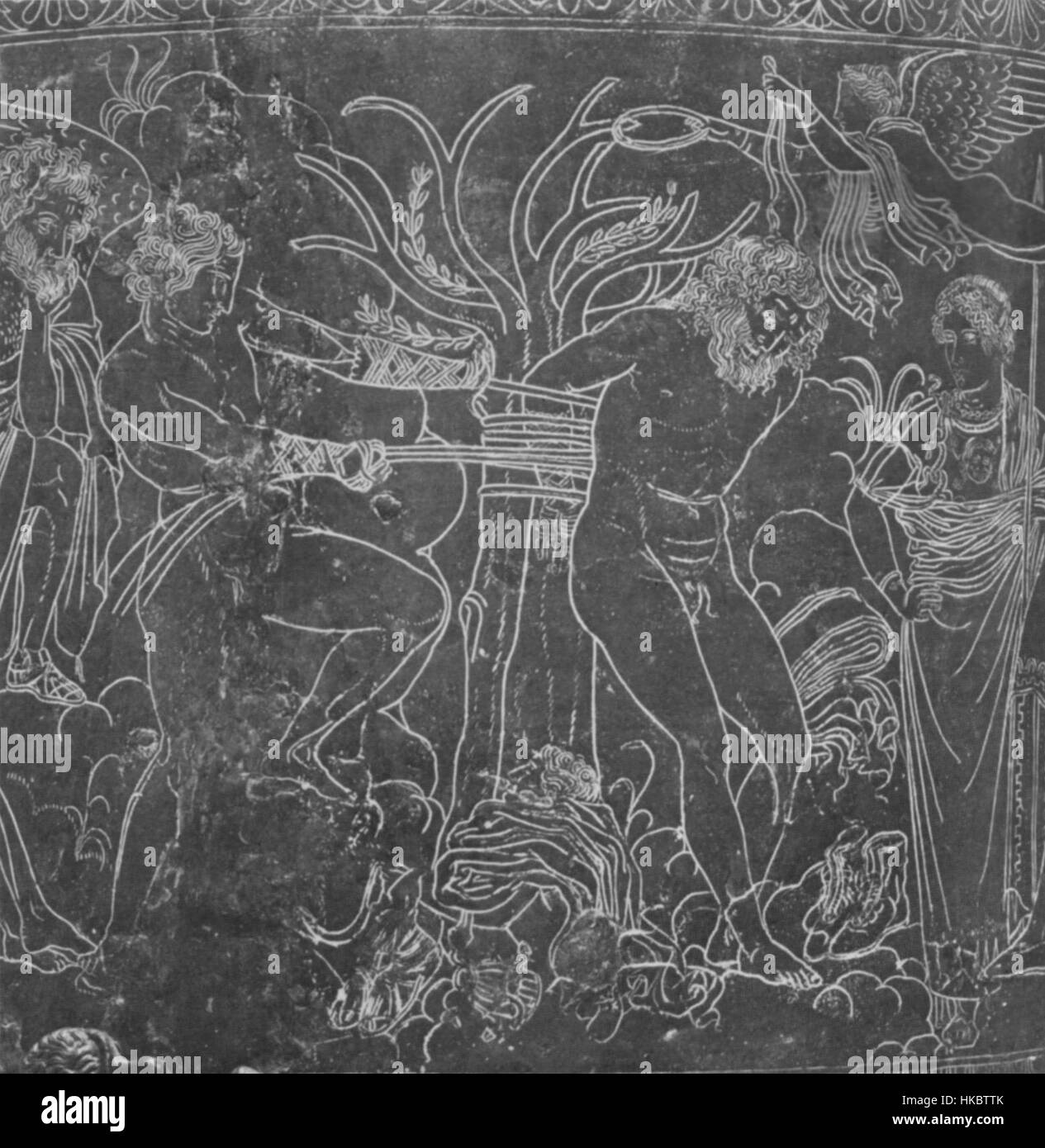 This artwork features the Cista Ficoroni, an ancient Roman bronze ...