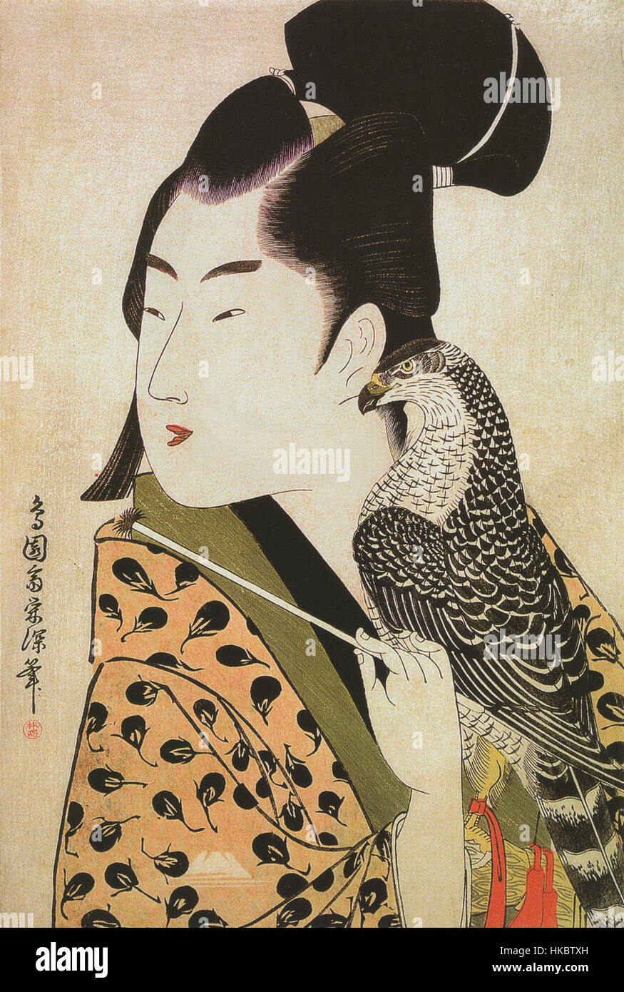A depiction of a falconer by Choensai Eishin, capturing the traditional ...