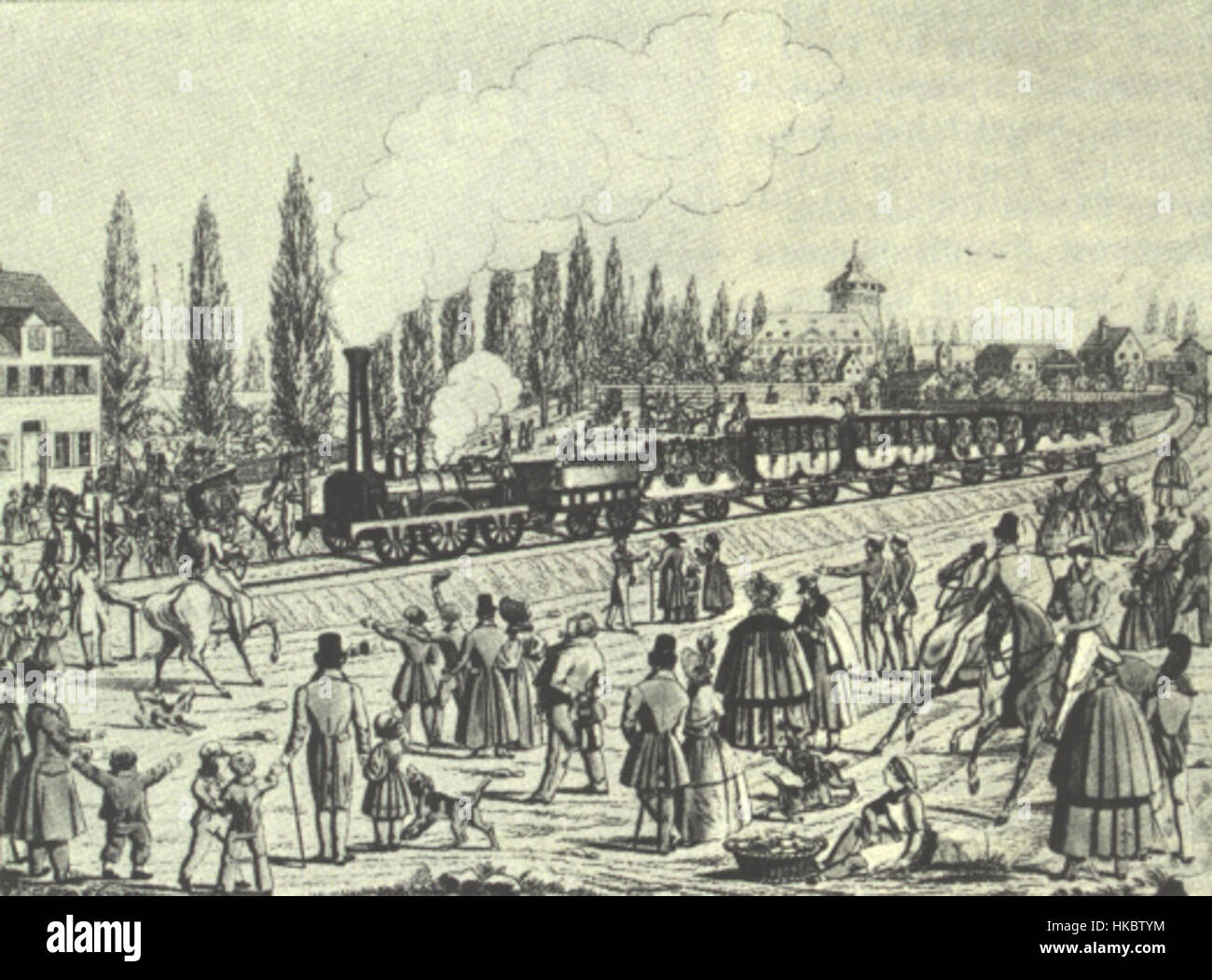 This painting depicts the First German Railway, illustrating the early ...