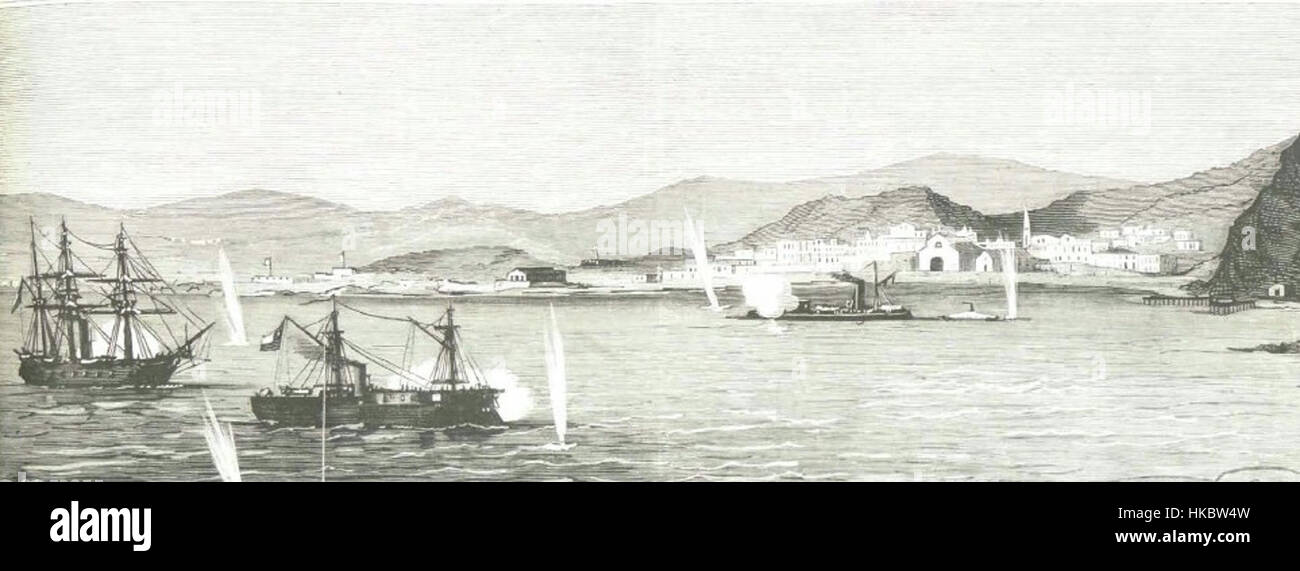 The naval battle of Arica, fought in 1880, is depicted in this oil ...