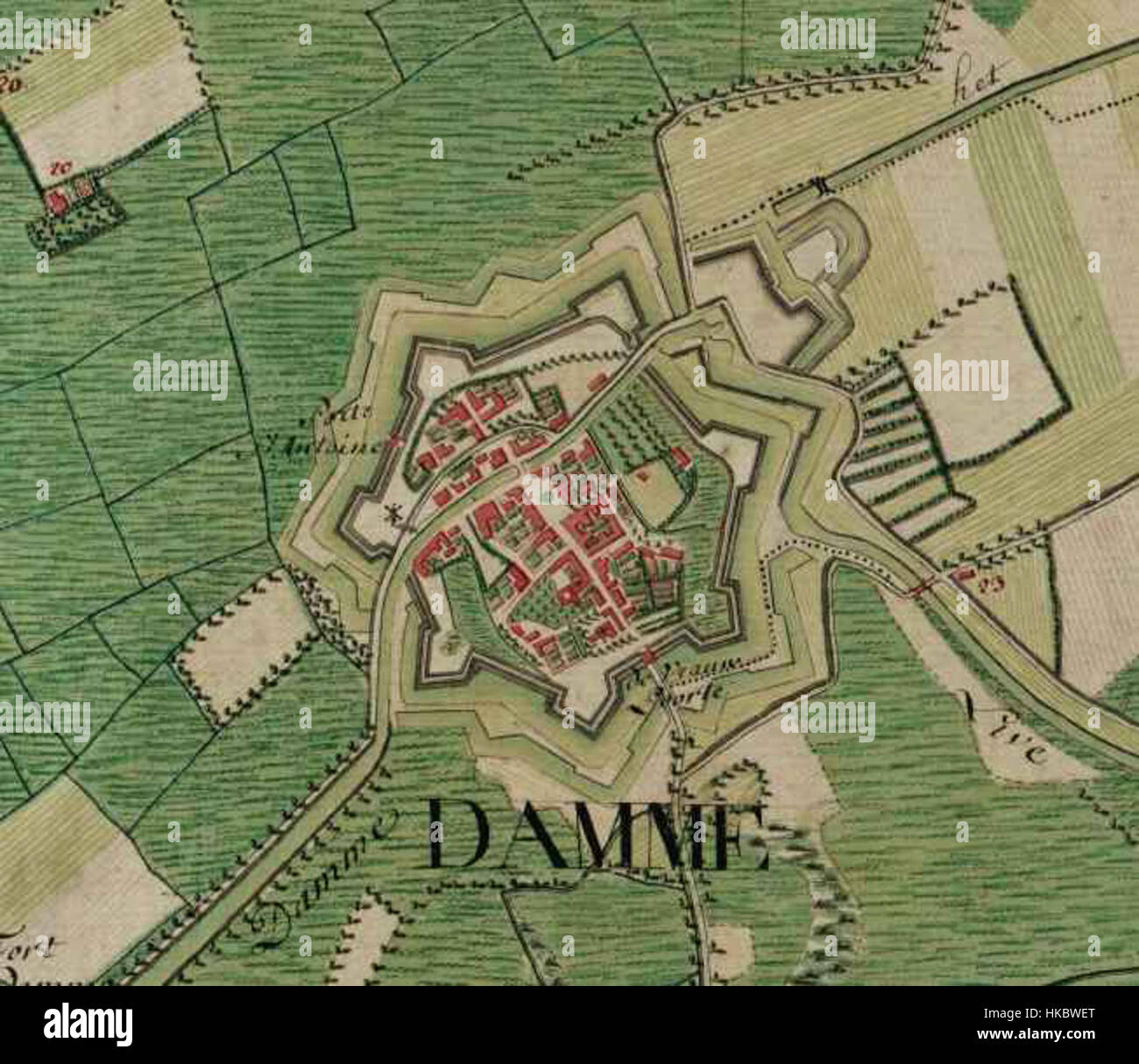 The Ferraris map of Damme, Belgium, represents the area during the 18th ...