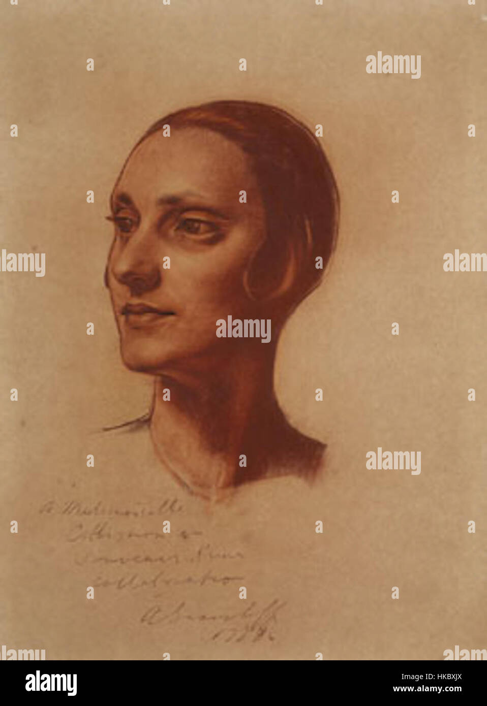 A portrait of a female subject painted by A. Yakovlev in 1928 ...