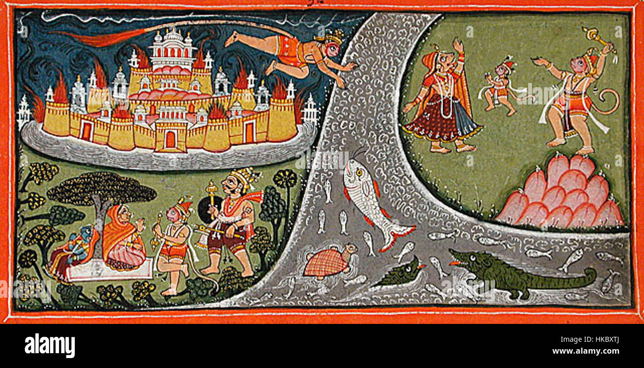 This artwork portrays the mythological tale of Hanuman’s journey to ...