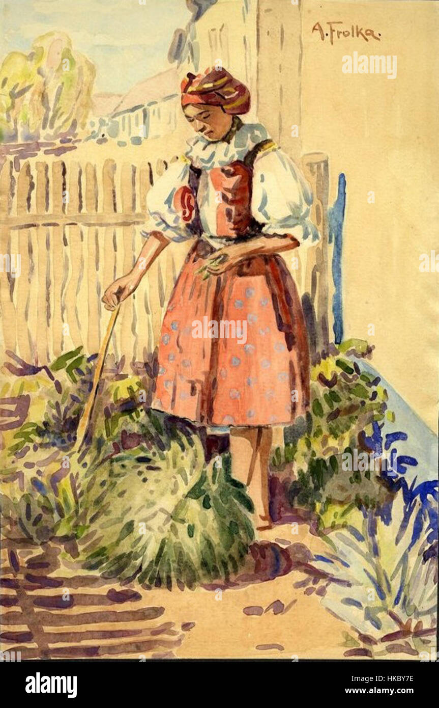 Frolka's painting 'Krojovana divka pri praci na zahradce' portrays a ...
