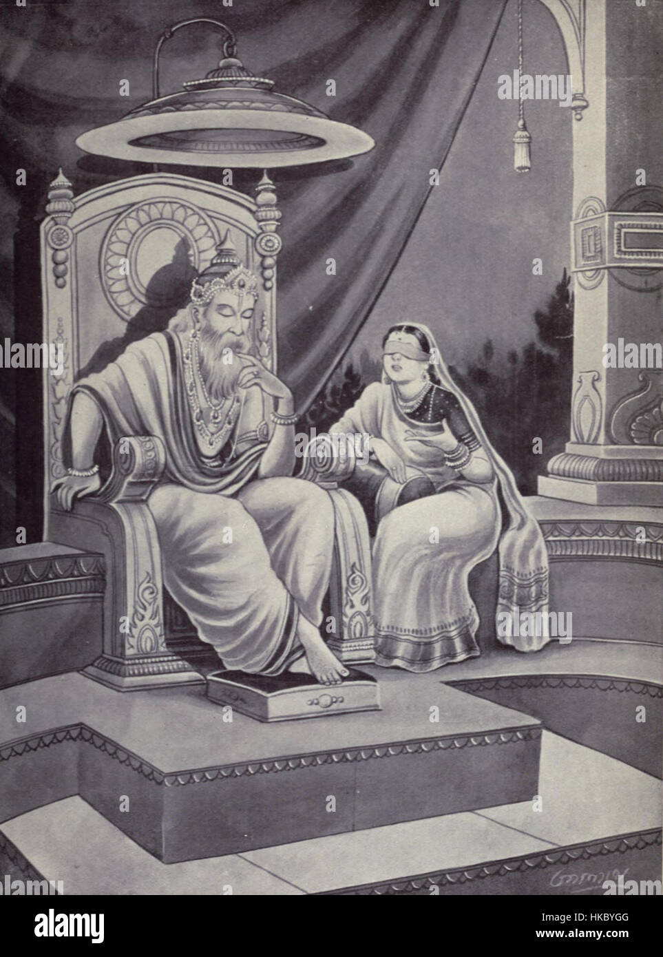 This artwork illustrates Gandhari, a character from the Indian epic ...