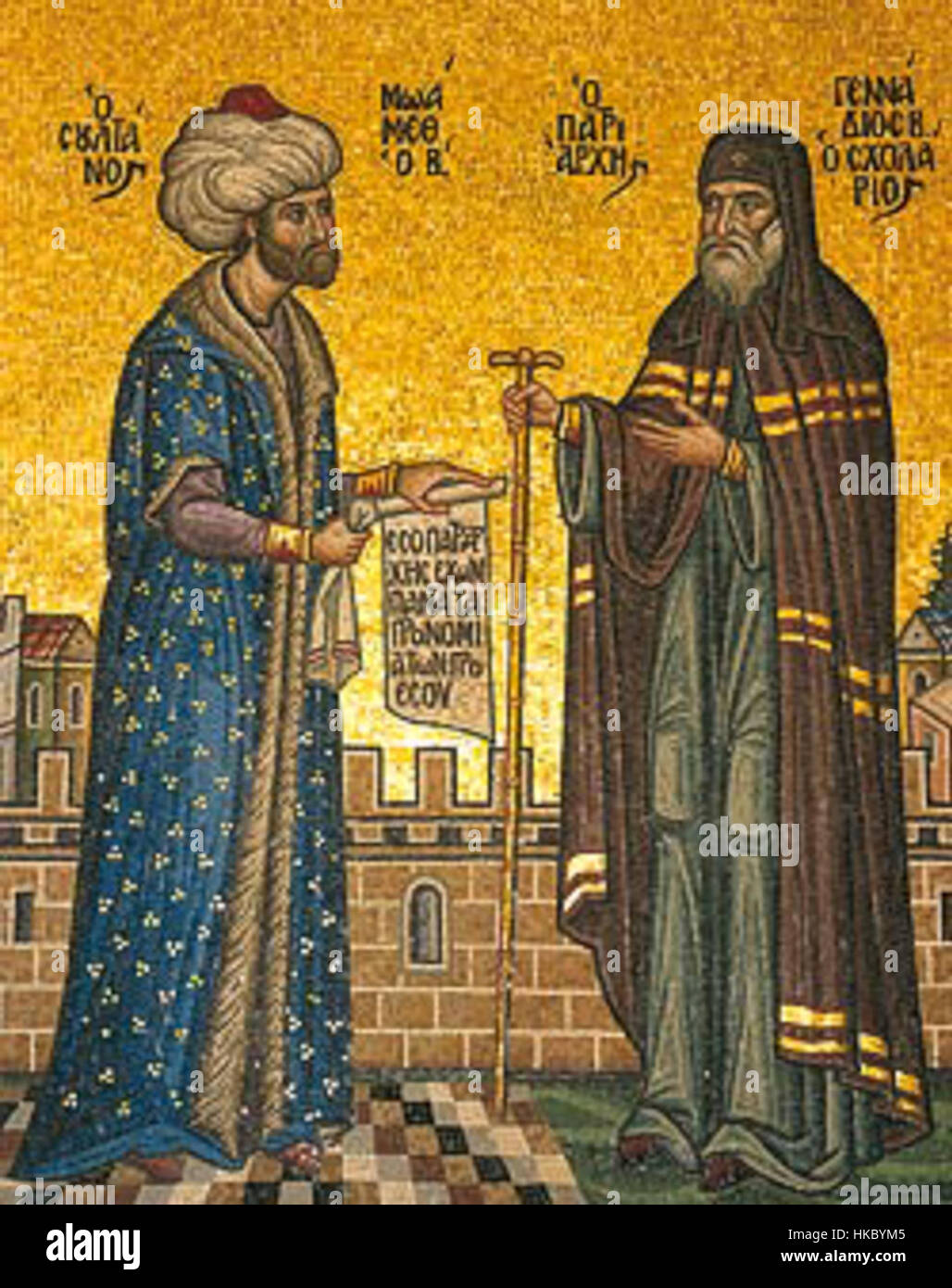 The artwork depicts a historical encounter between Gennadios II, the ...