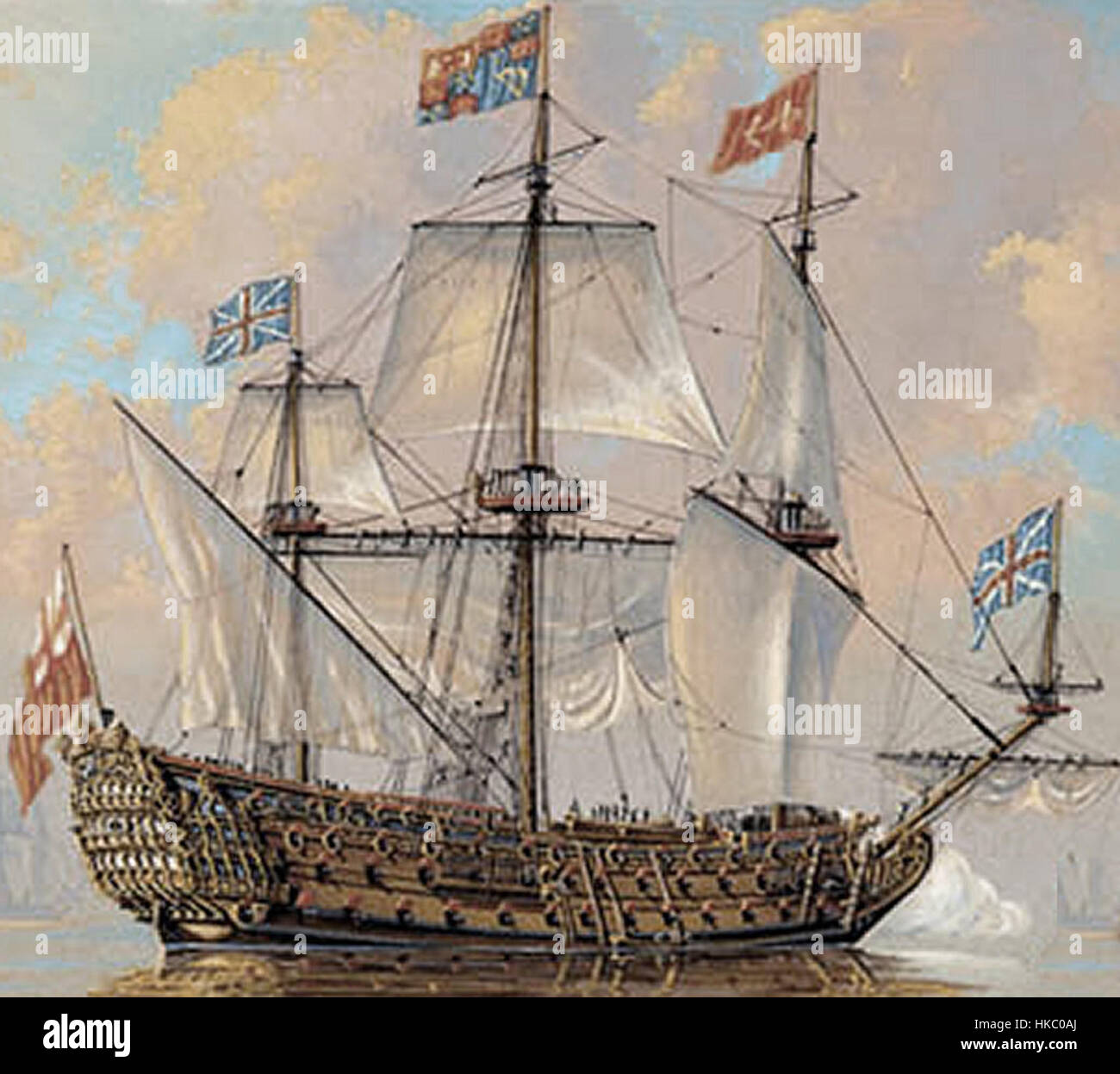 This painting portrays HMS Royal Charles, a historic British warship ...
