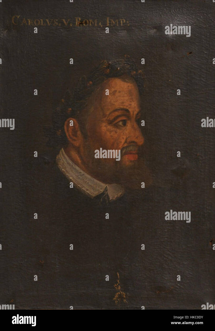 This oil painting captures the strong features of Emperor Charles V, a ...