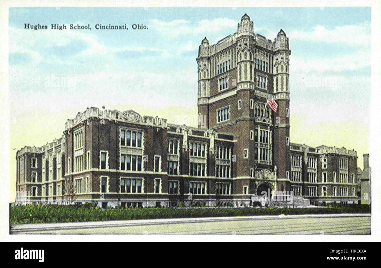 This artwork depicts Hughes High School in Cincinnati, reflecting its ...