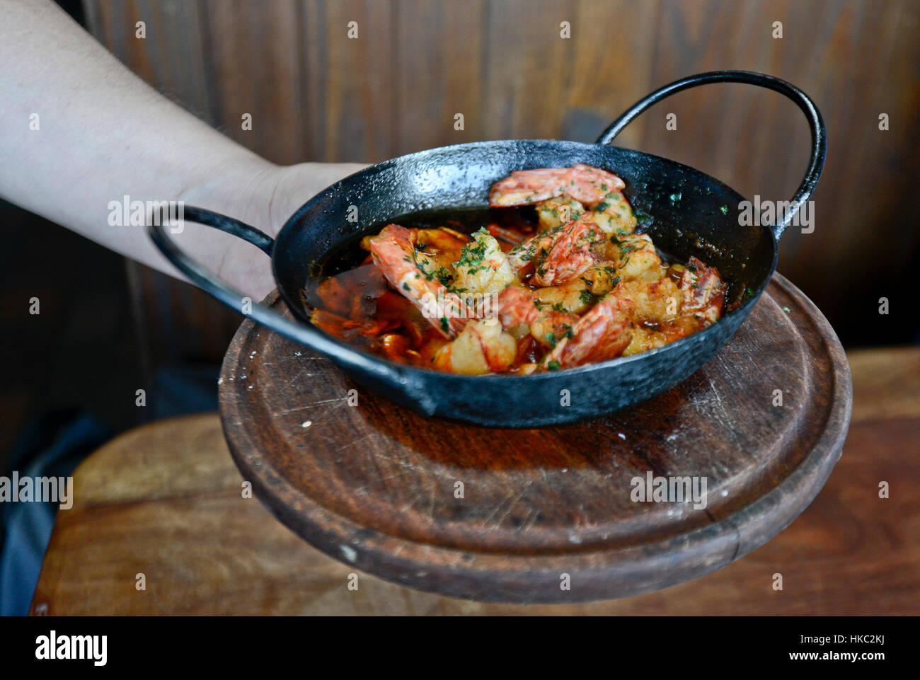 Traditional Spanish dish gambas al ajillo (shrimp with garlic Stock ...