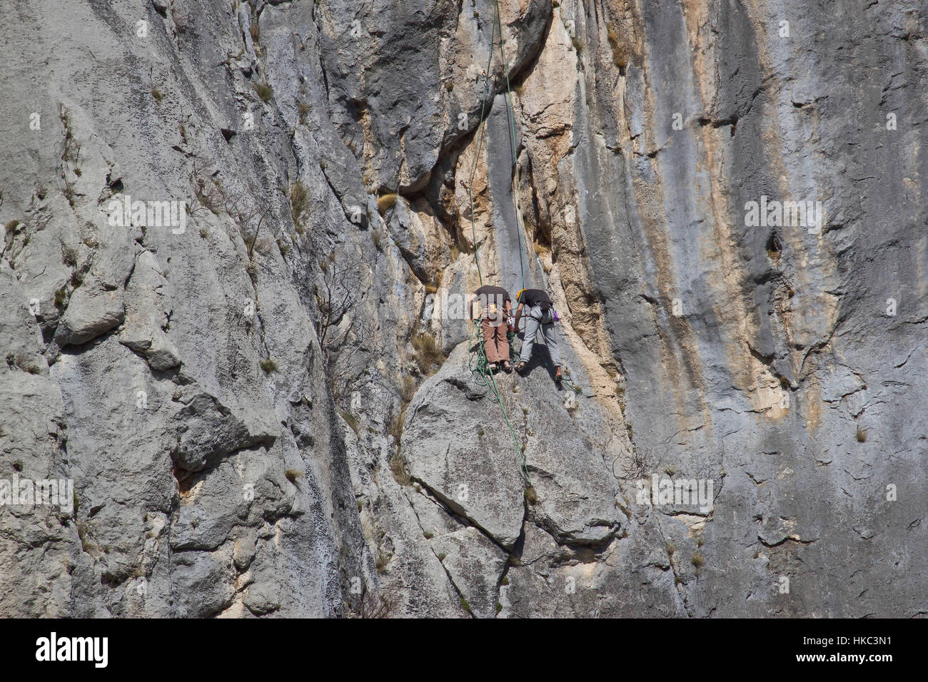 Two rock climbers climbing in Paklenica national park, Velebit mountain ...