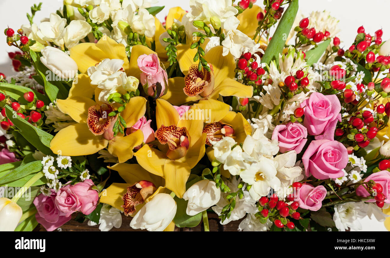 Background of flowers. Beautiful flower composition close up on the ...