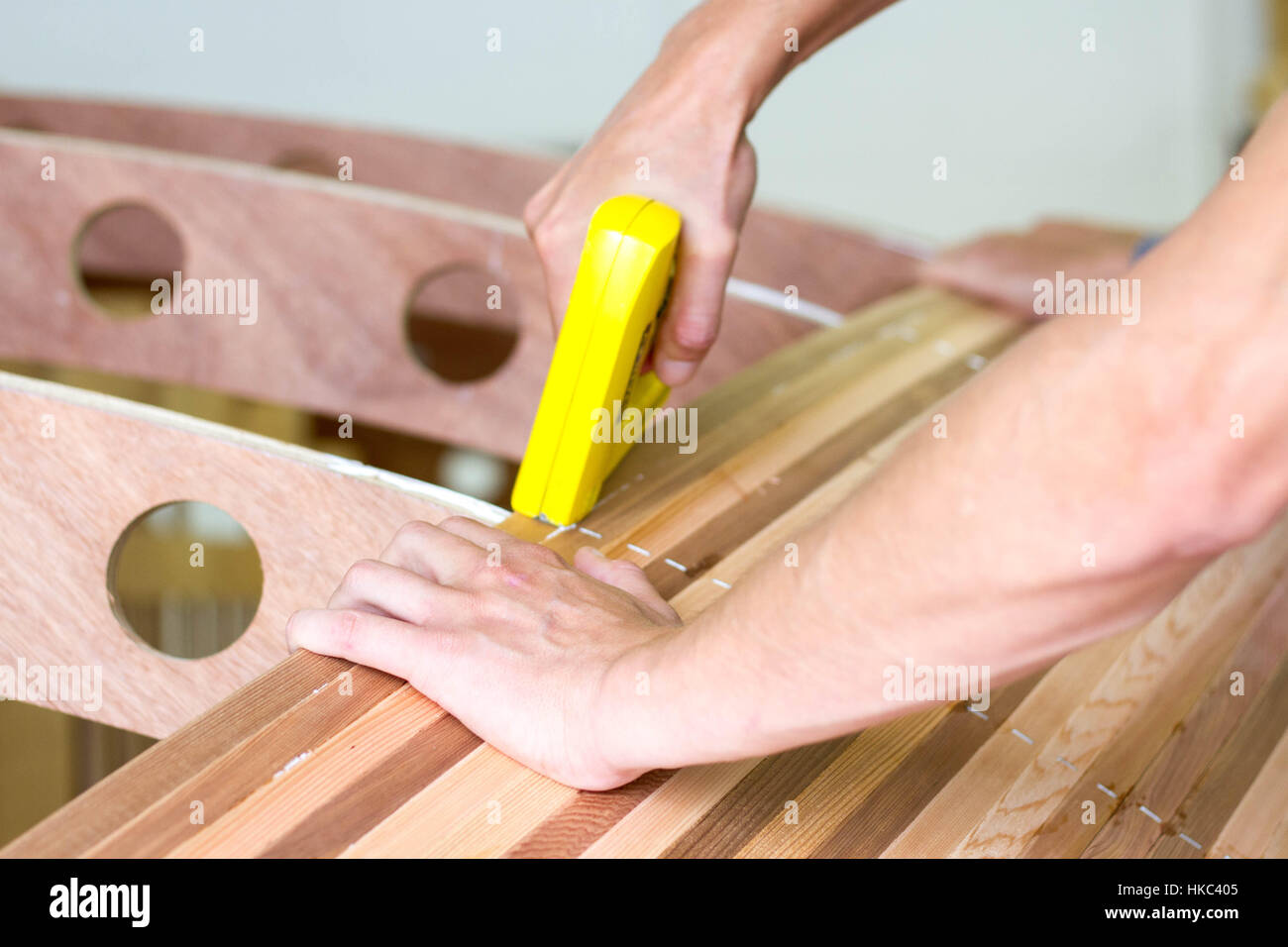 Carpenter building wooden structures in Falmouth, Cornwall Stock Photo ...