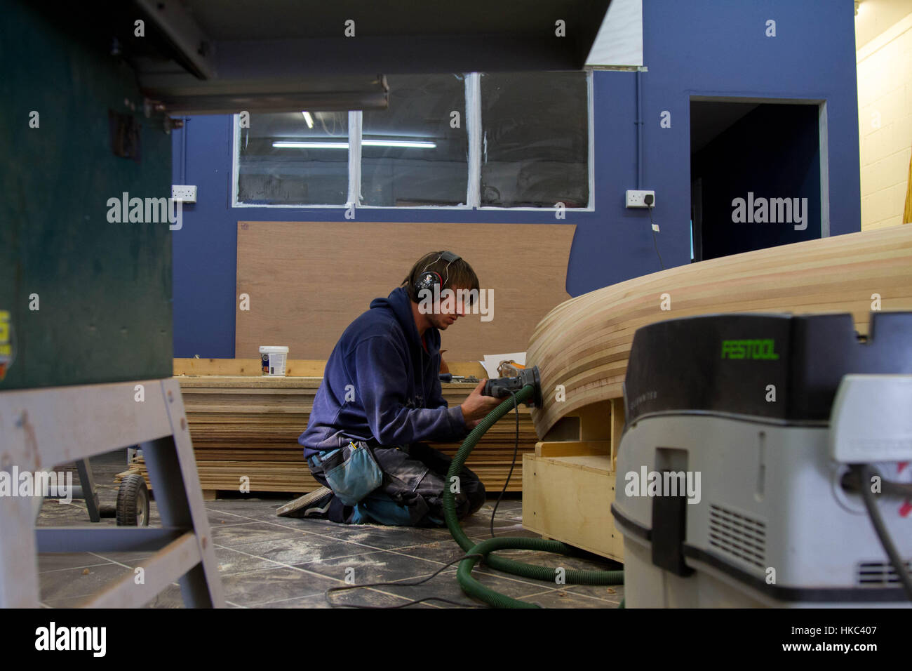 Carpenter building wooden structures in Falmouth, Cornwall Stock Photo ...