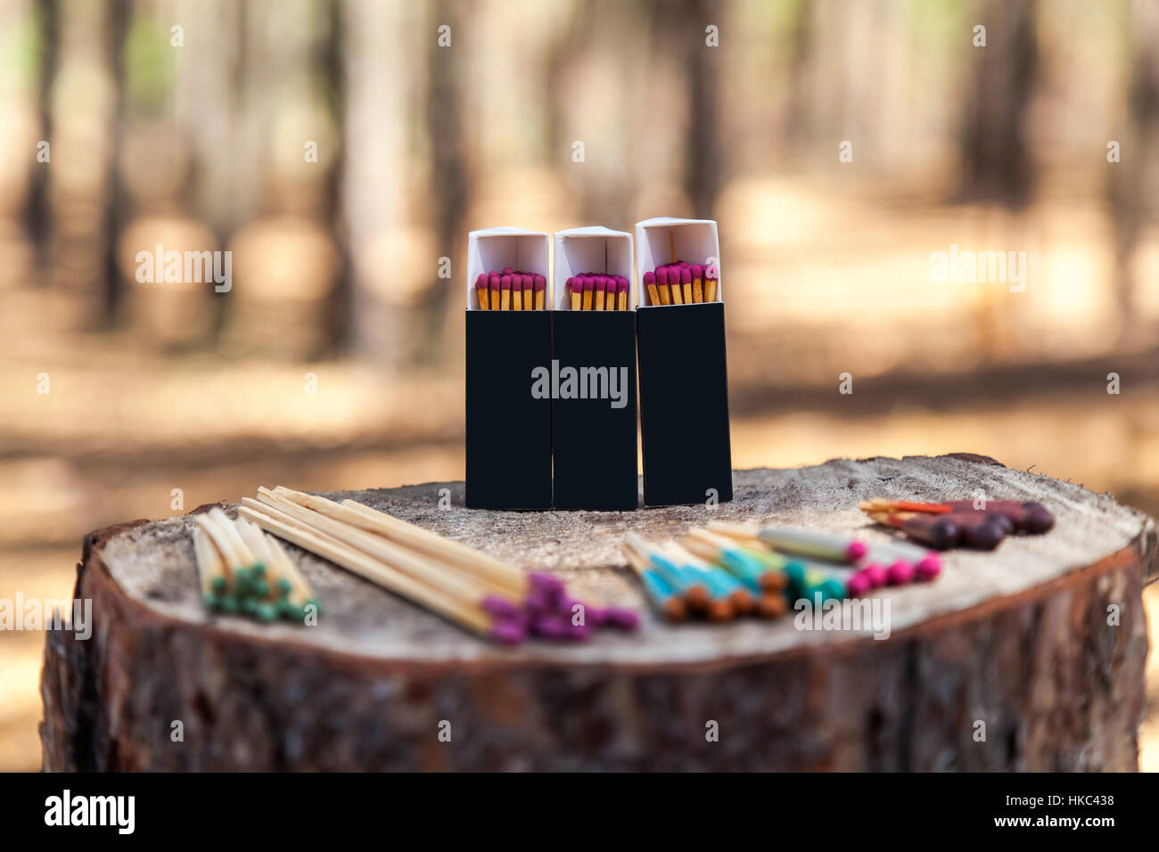 Hunting matches. Boxes with hunting matches and matches on the stump in ...