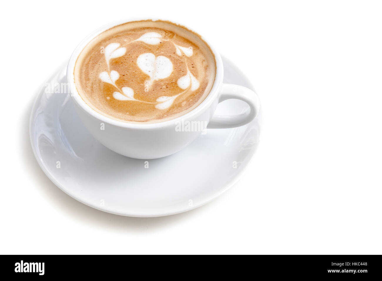 Coffee cup of latte art many heart shape on white background isolated ...