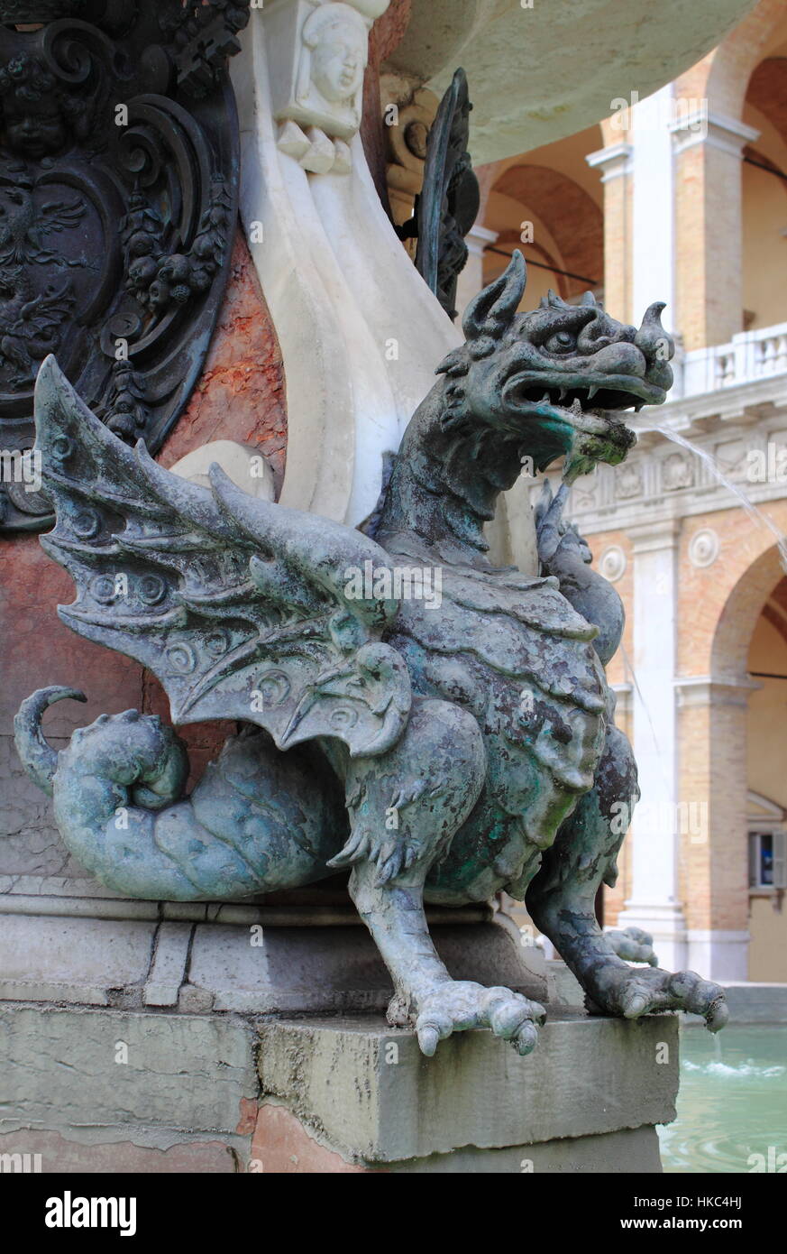 Statue of a dragon in the Fountain of Our Lady of Loreto. Marche, Italy ...