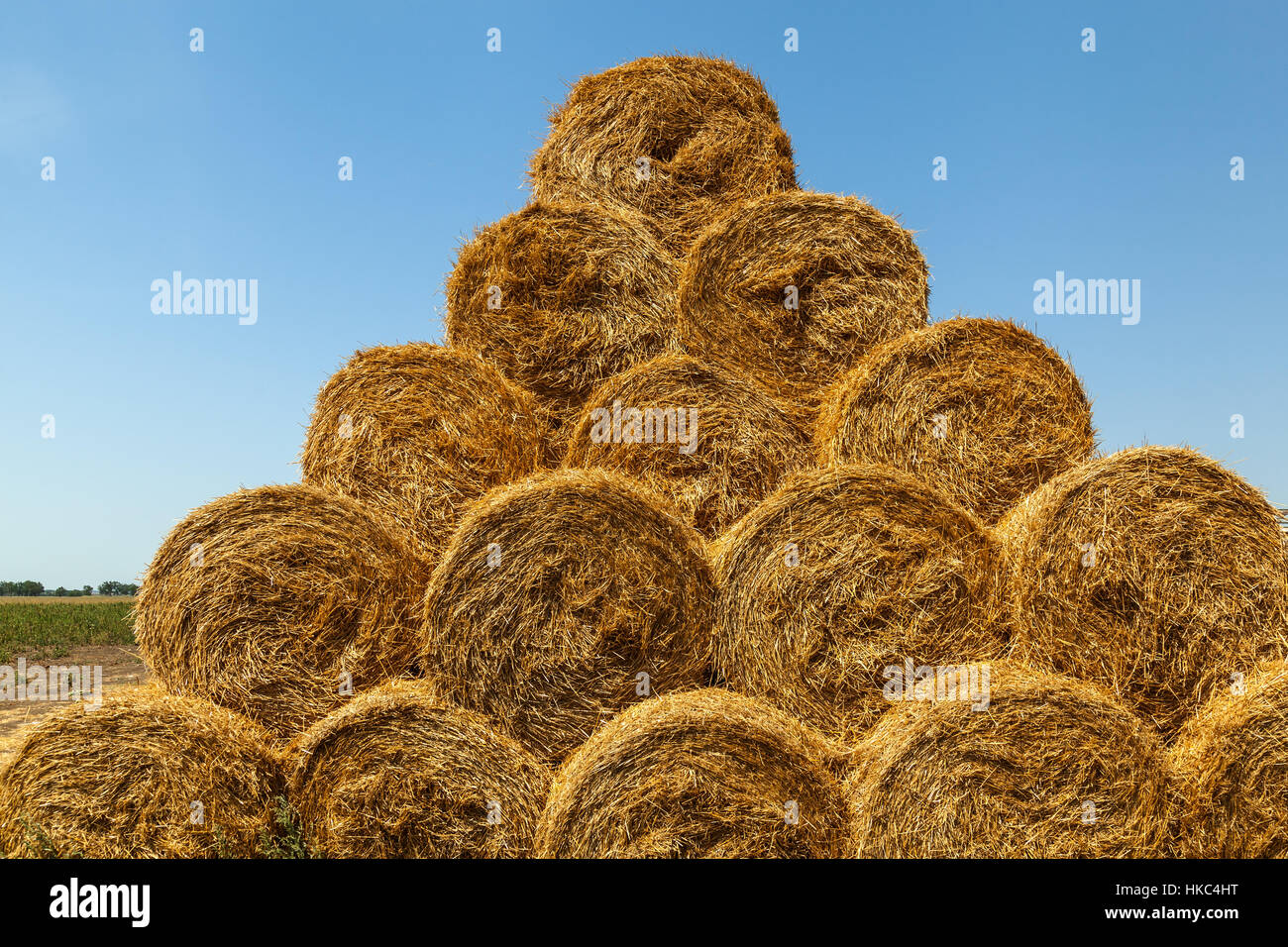 Haystack. Massive haystacks close up on the green field with the blue ...
