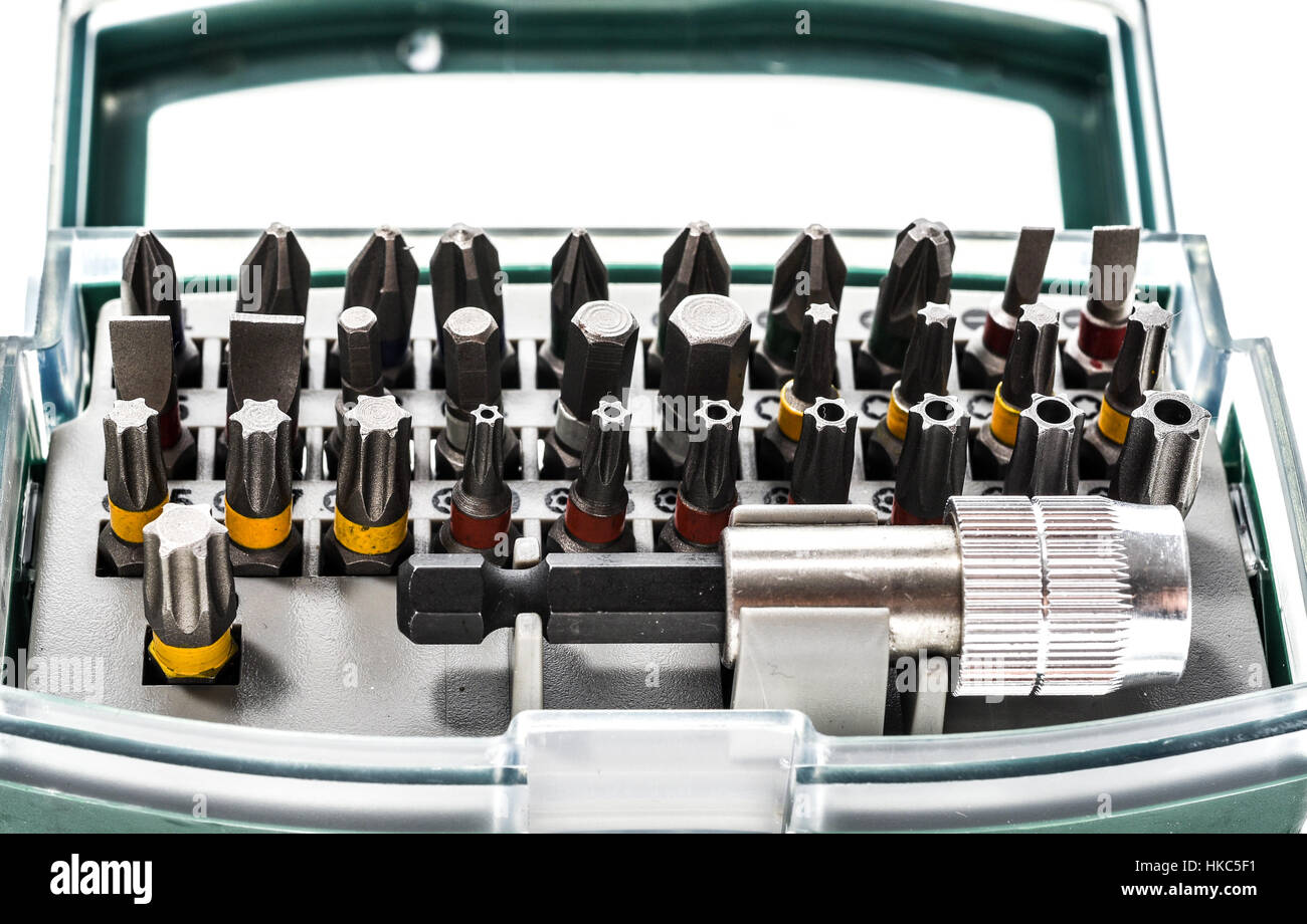 Different Security screwdriver drill heads and accessories in a box ...