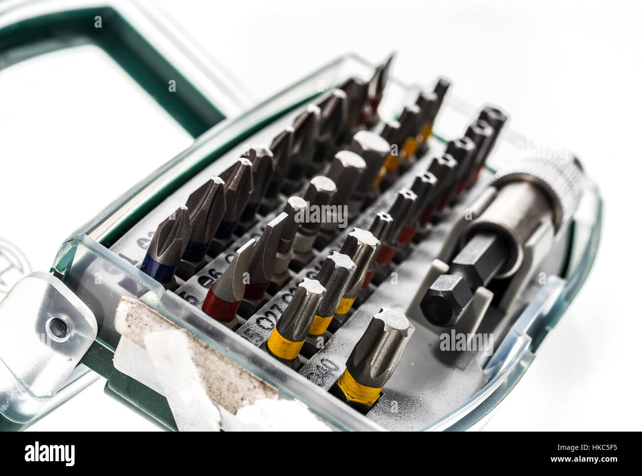 Different Security screwdriver drill heads and accessories in a box ...