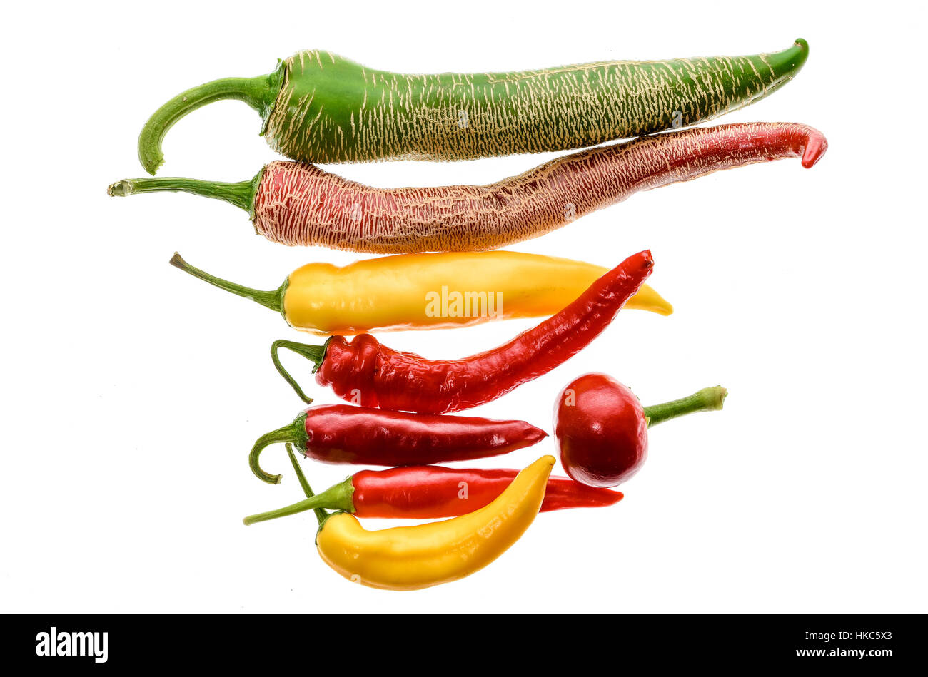 Different variety of hot peppers or chilies, isolated on white. Hot ...