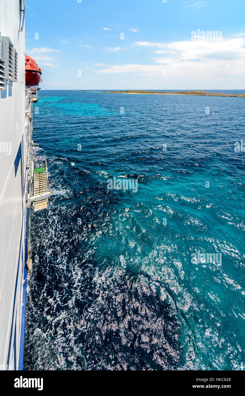 Starboard side of a ferry boat on the Adriatic Sea. The wake from a ...
