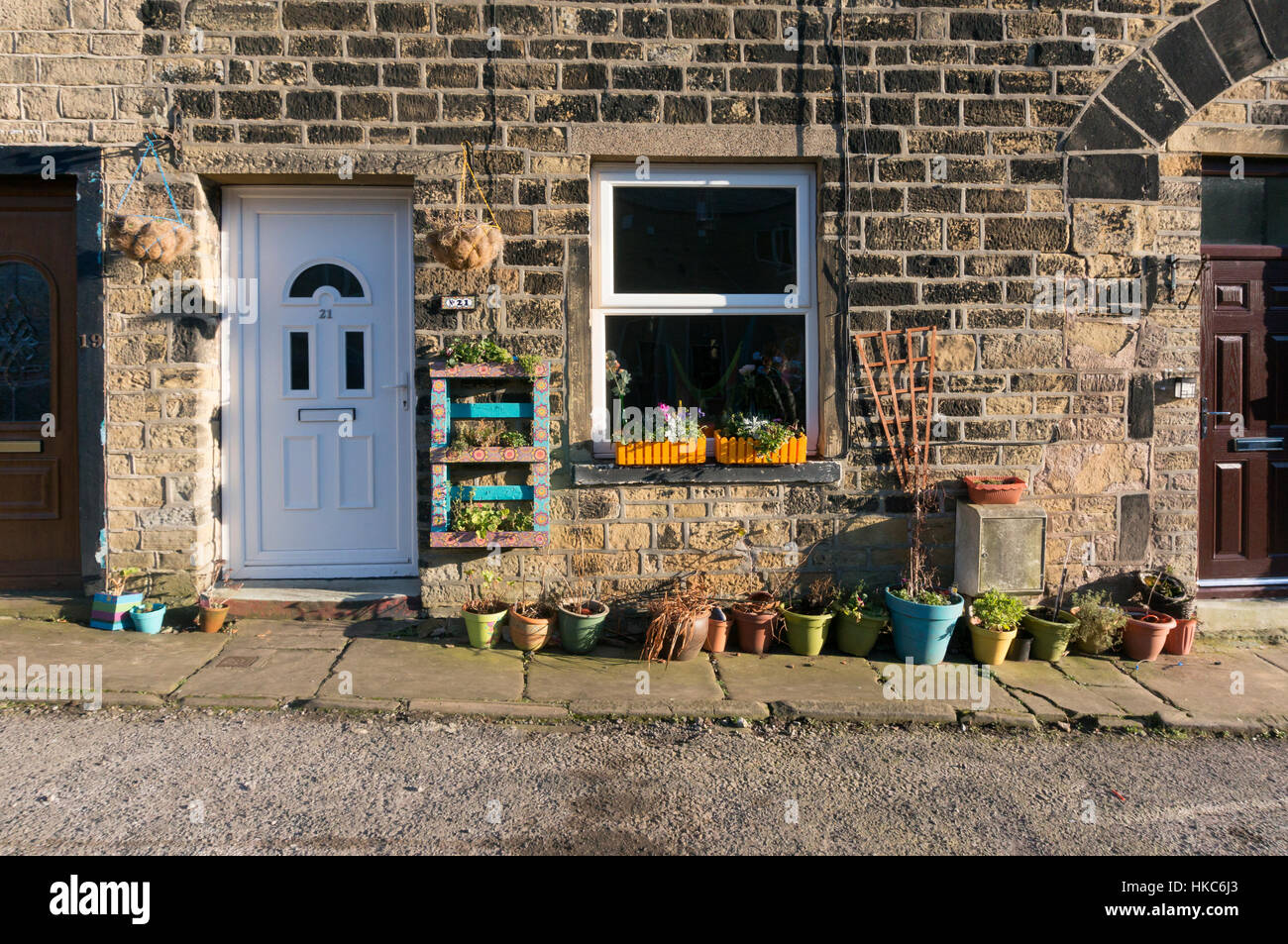 Plant pots outside stone cottage, Sowerby Bridge, West Yorkshire Stock ...