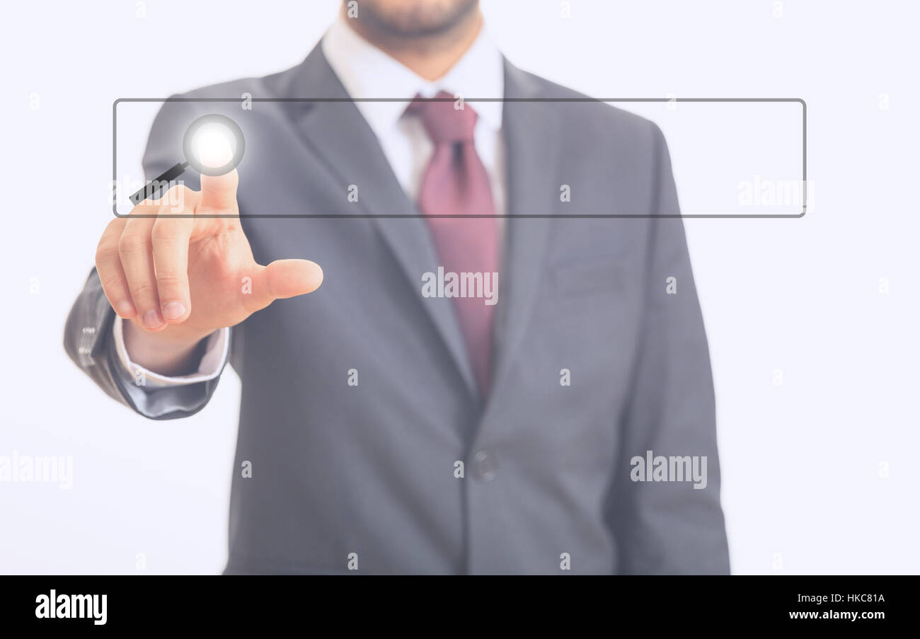 Man pointing at a screen on white background Stock Photo - Alamy