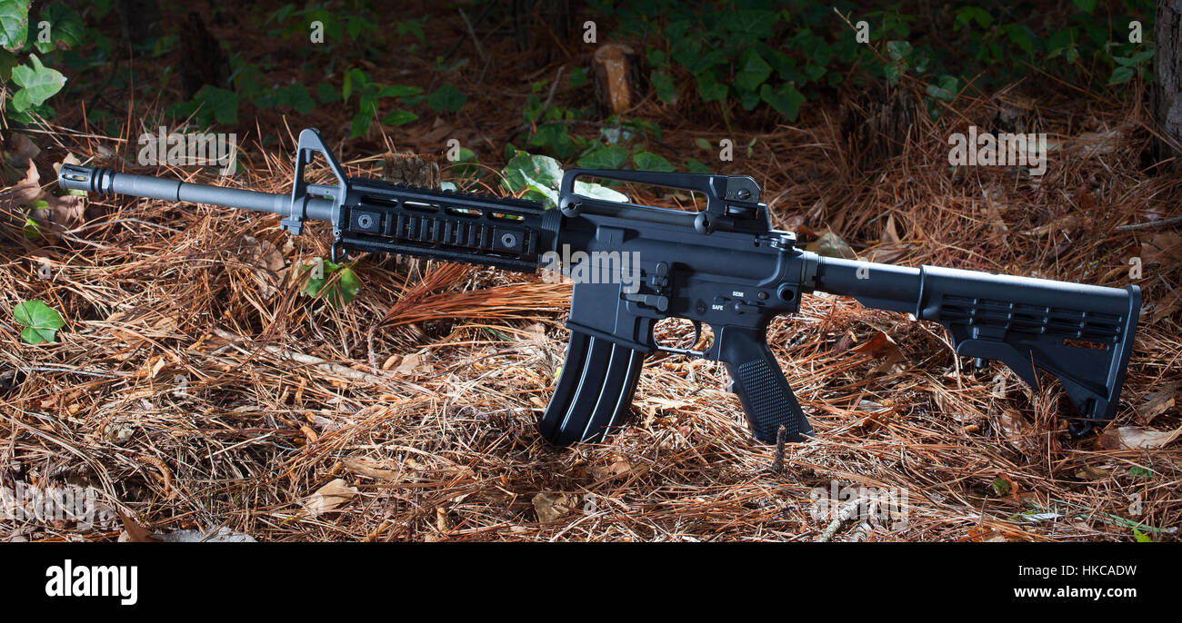 Assault rifle on pine needles in a dark forest Stock Photo - Alamy