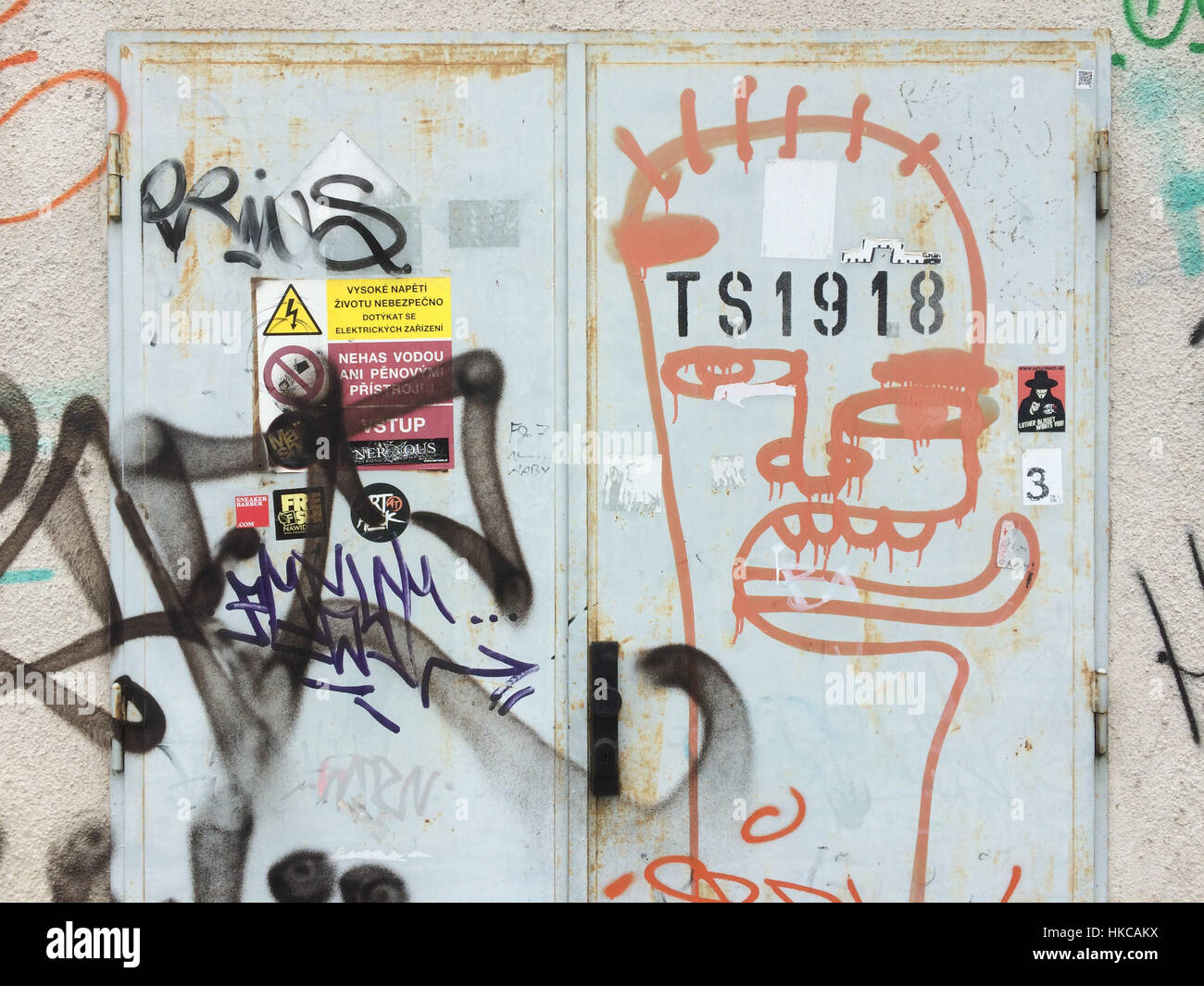 Electric box with a high voltage sign covered with graffiti in Trojska ...