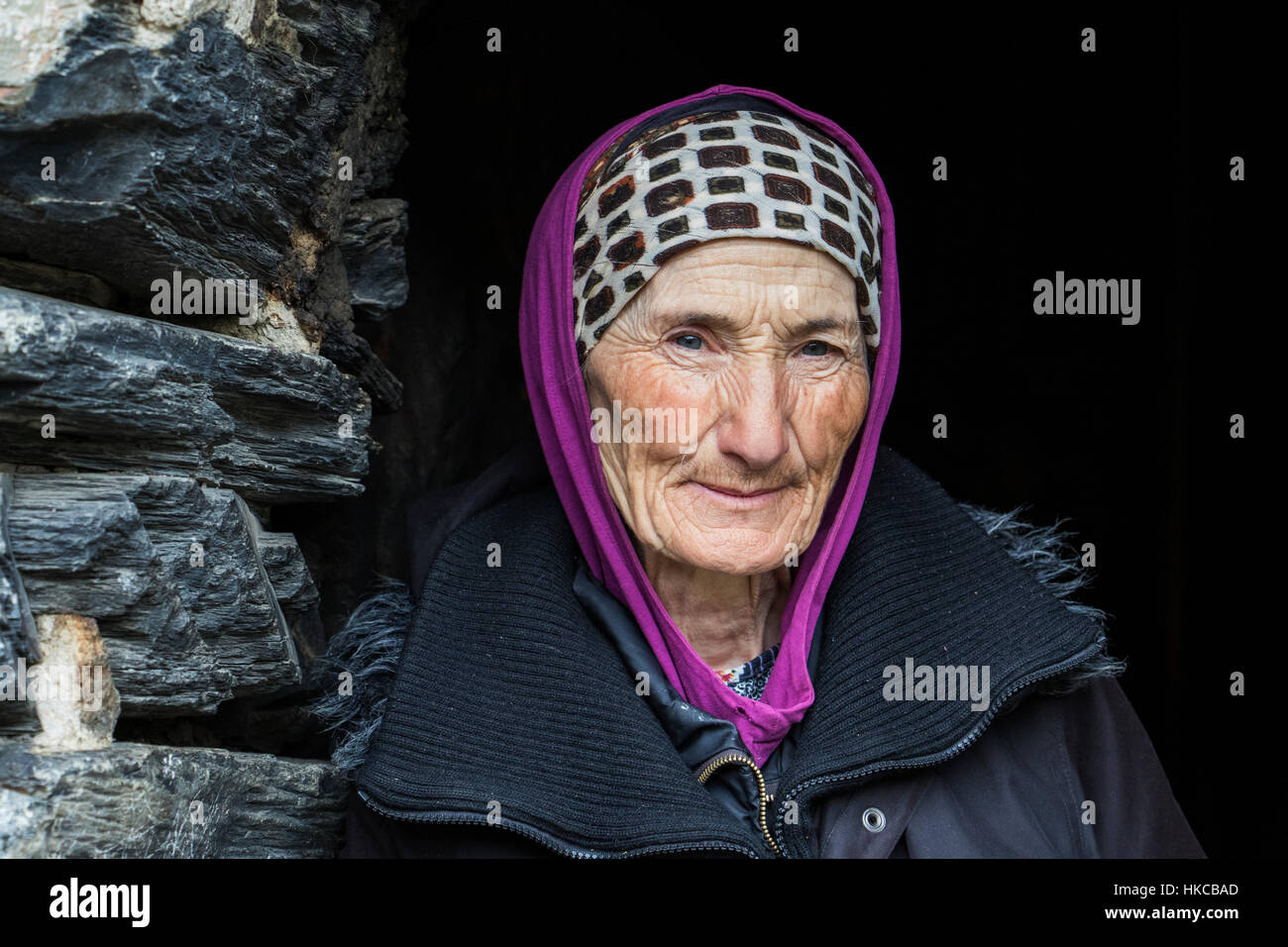 Old Svan woman at the Ethnographic Museum in Zhibiani village; Ushguli ...