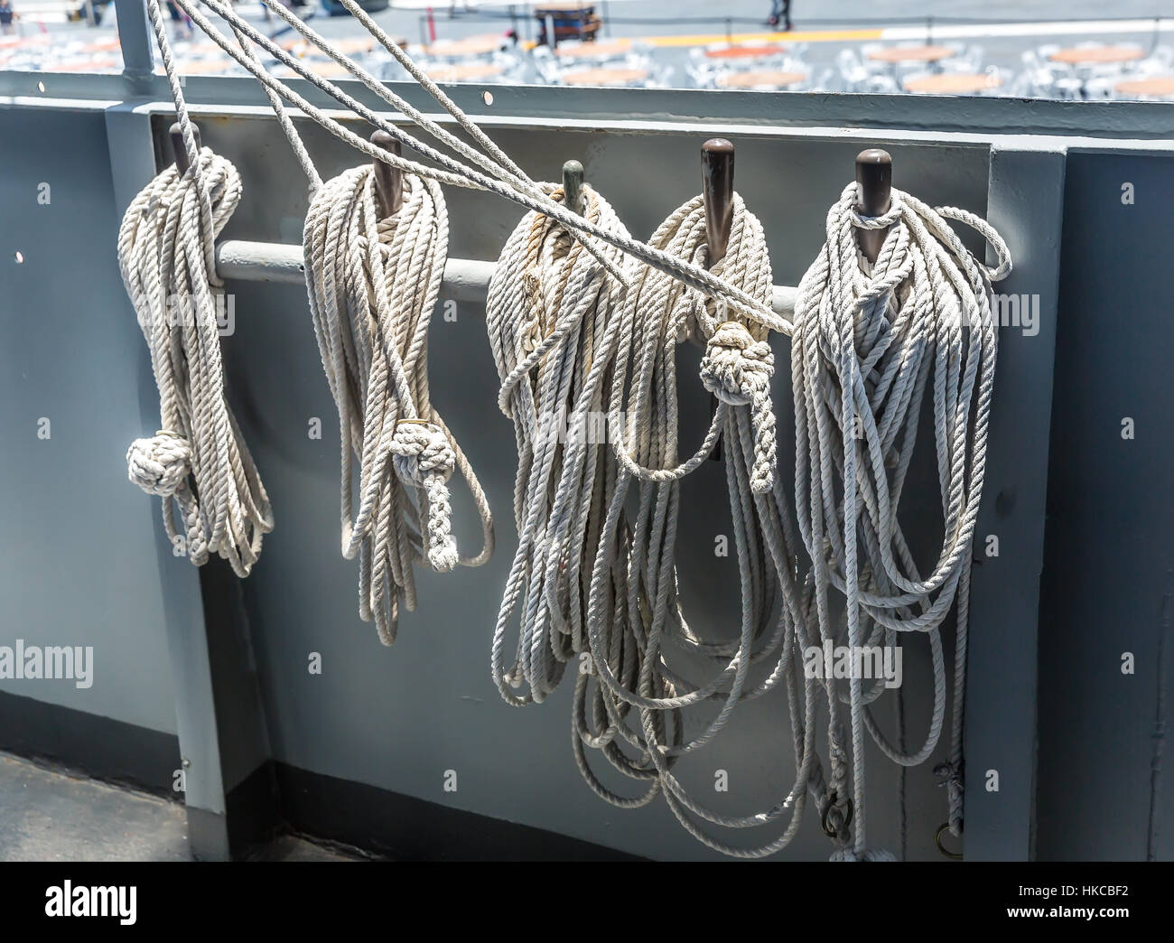 Rope loops onboard the aircraft carrier Stock Photo - Alamy